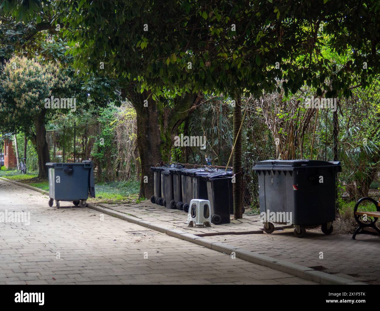 Garbage storage area. Lots of trash cans. taking care of cleanliness in ...