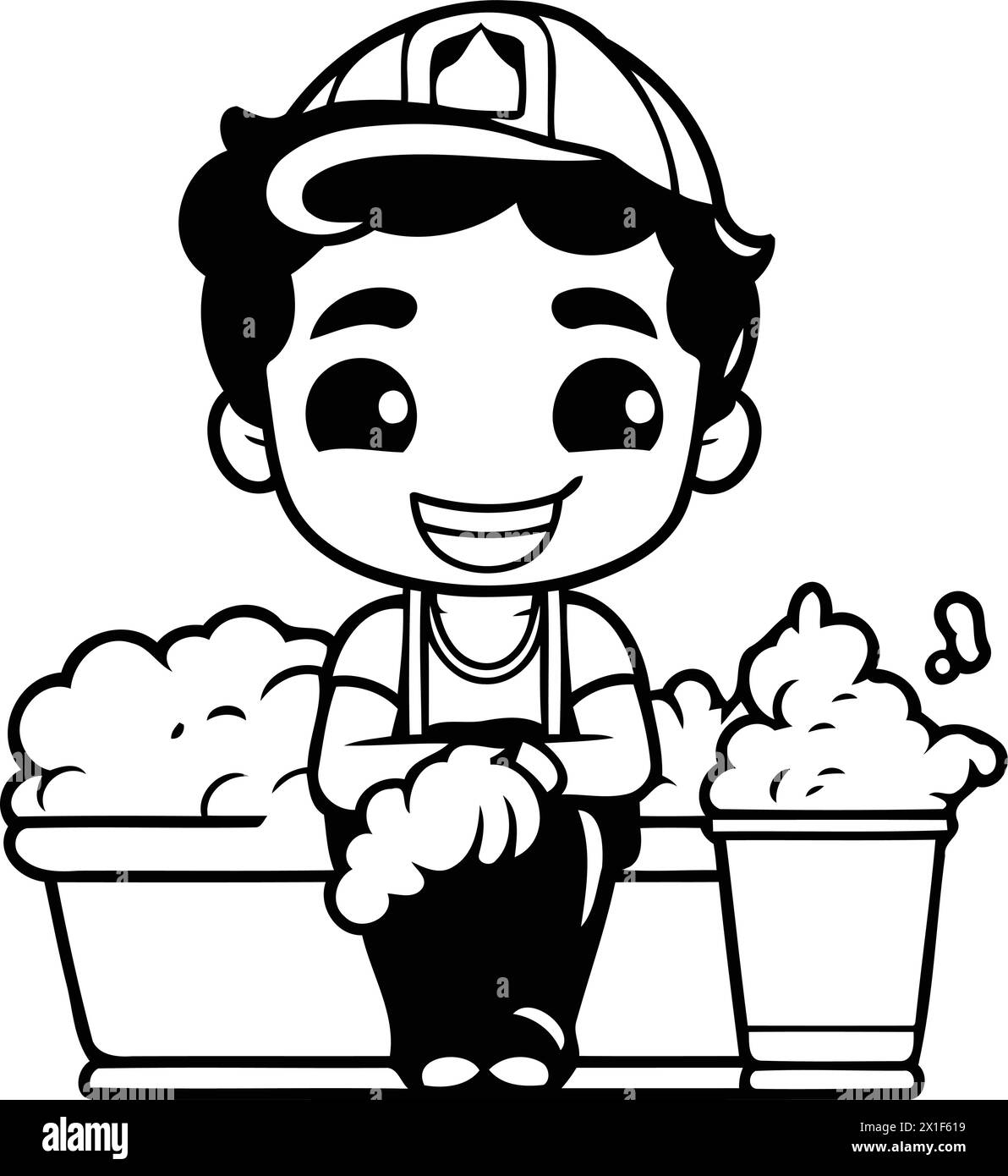 Cute boy with bucket of soap. Vector illustration in cartoon style ...