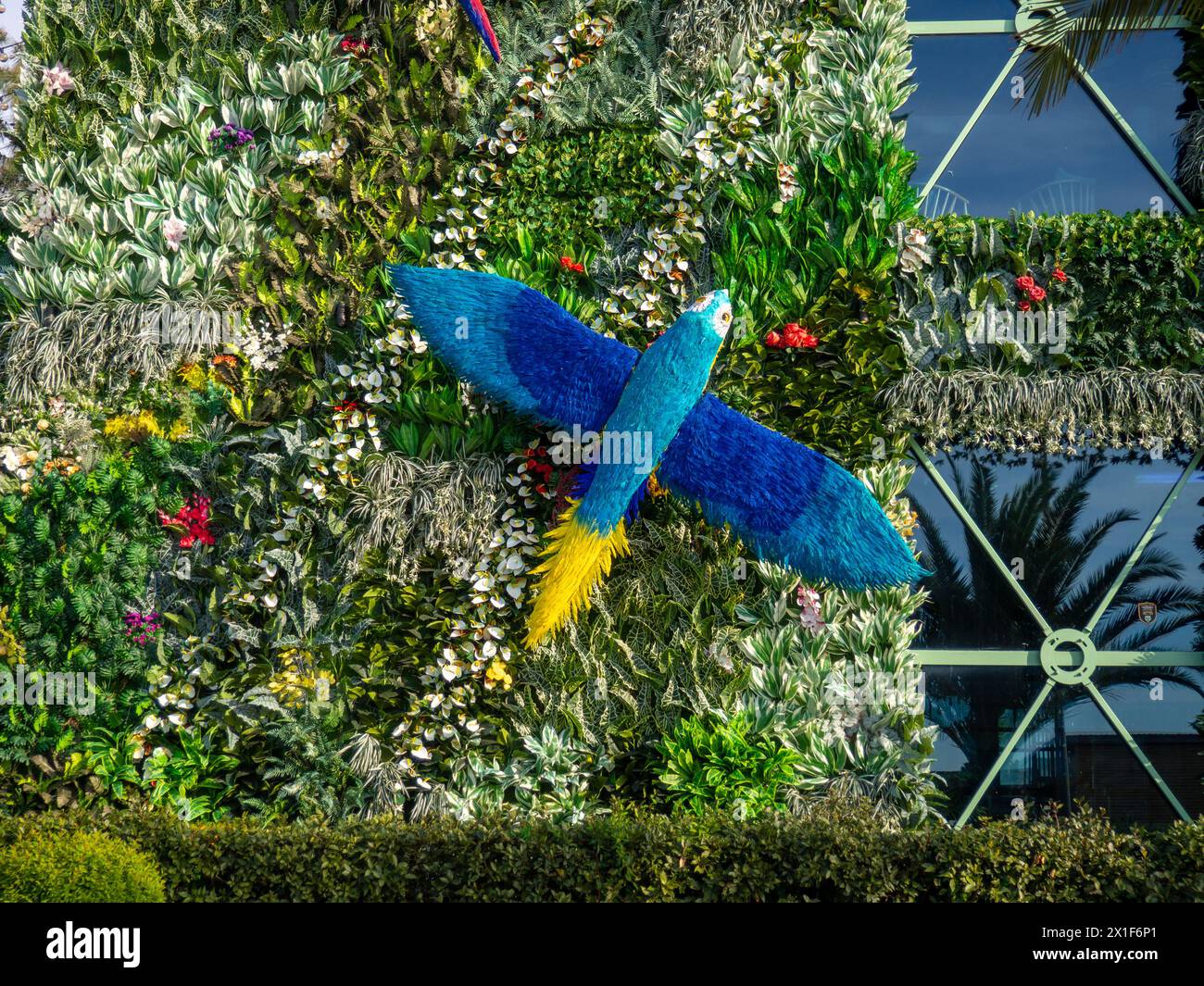 facade of the building is decorated with artificial birds. Parrots made ...