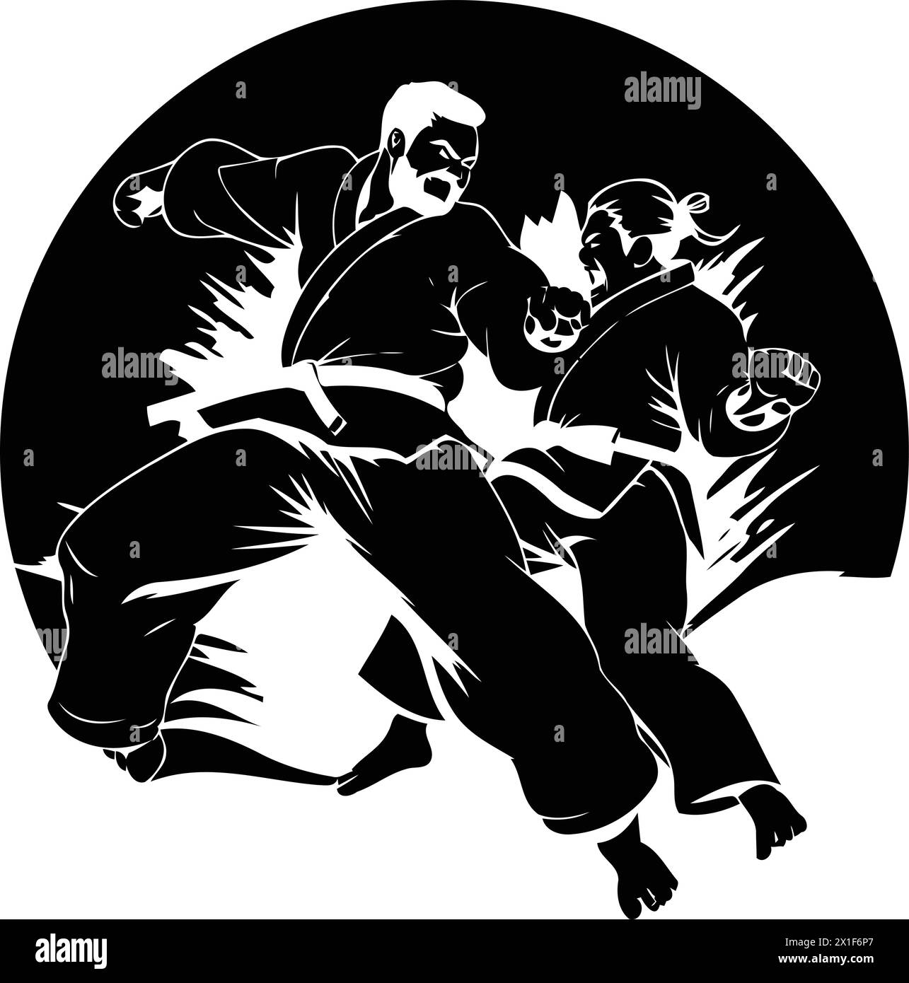 karate man and woman fighting on the background of the sun vector ...