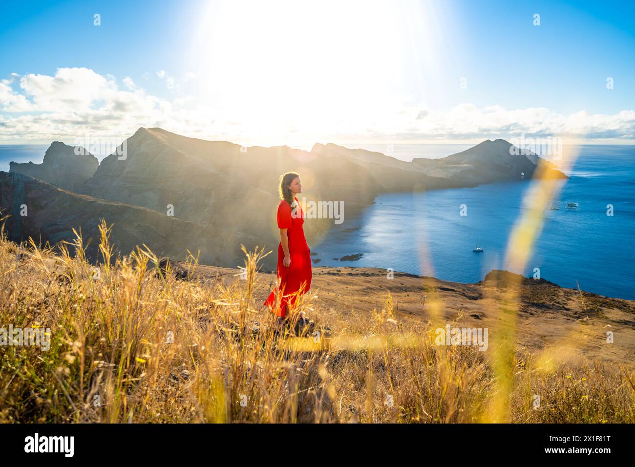 Description: Beautiful woman in red dress on yellow field enjoys the ...