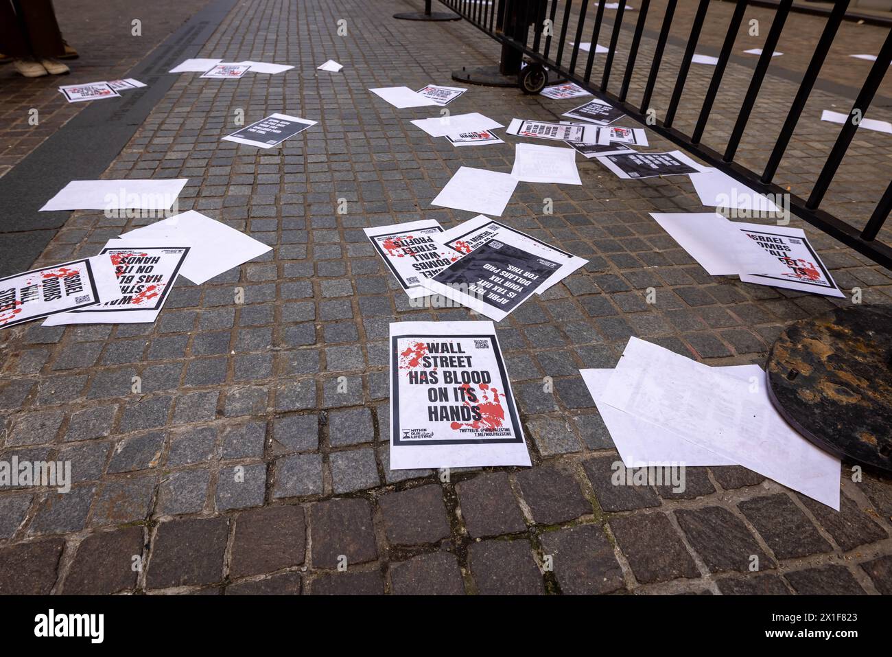 New York, New York, USA. 15th Apr, 2024. Pro-Palestinian flyers litter ...