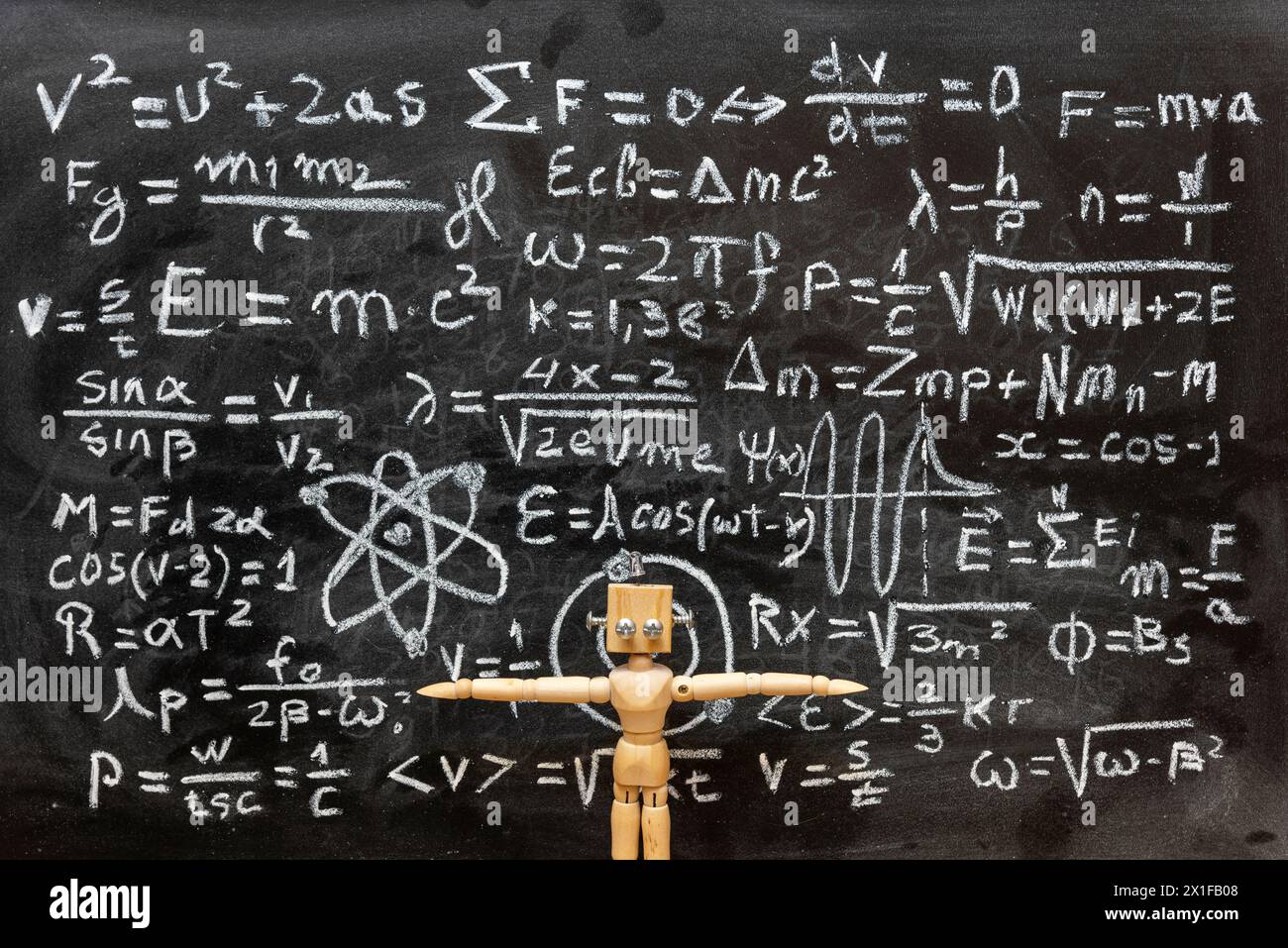 Robot de madera y tornillos con fondo de fórmulas de física cuántica y ...