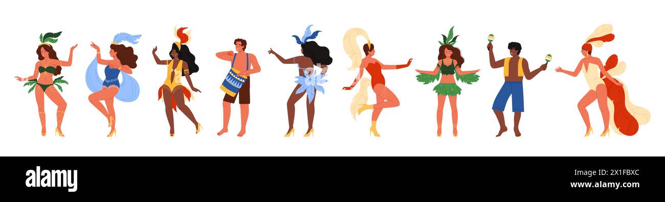 Dancers of Brazilian carnival set. Happy people in festival burlesque ...