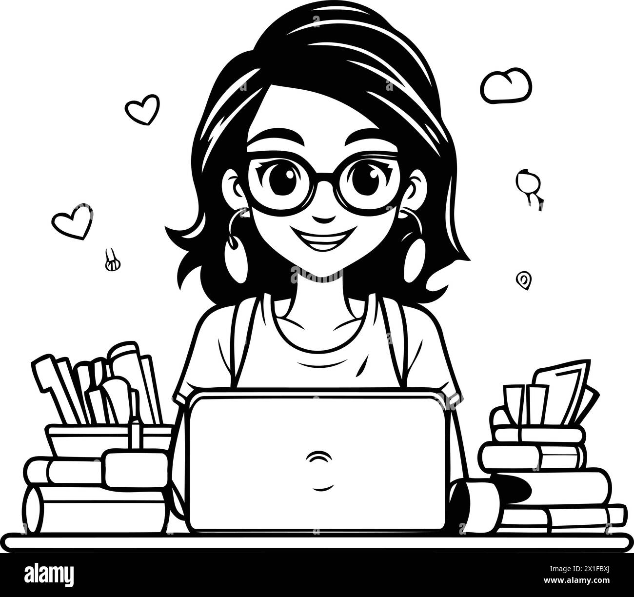 Girl student with laptop. Vector illustration in cartoon style on white ...