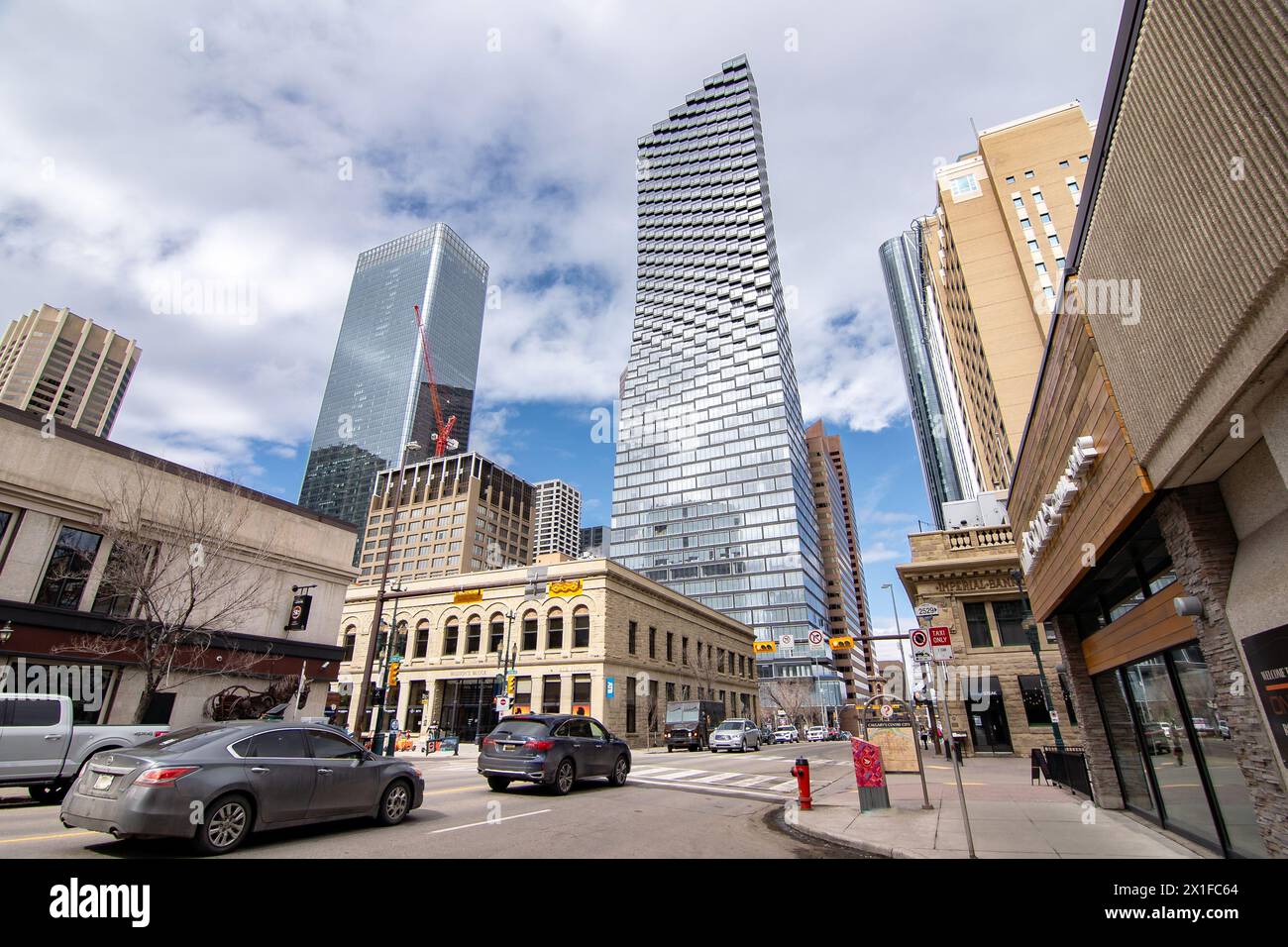 Calgary Alberta Canada, April 05 2024: Street view of downtown traffic ...