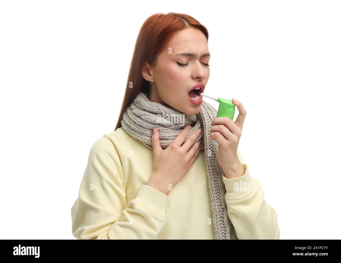 Woman scarf using throat hi-res stock photography and images - Alamy