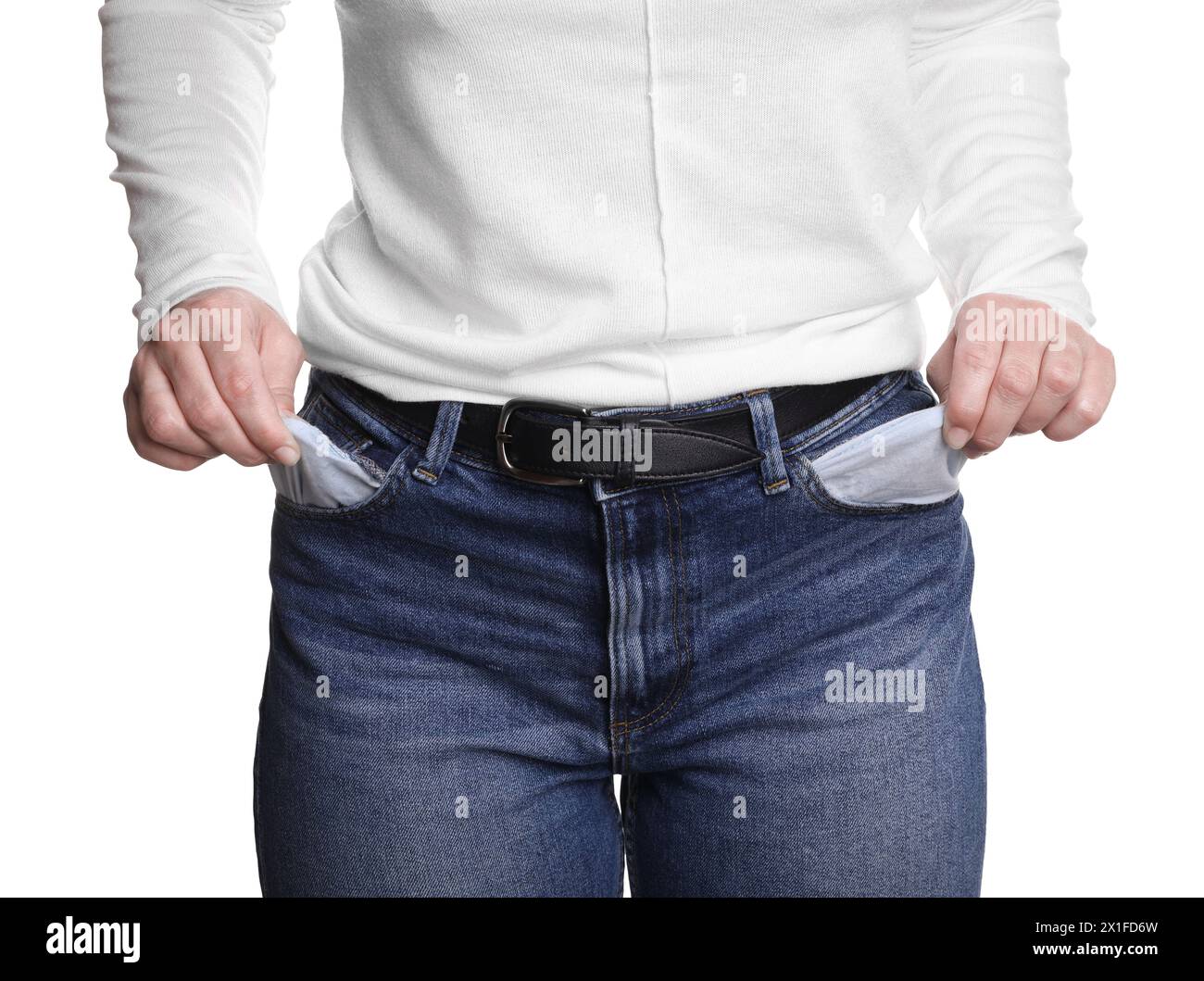 Poor woman showing empty pockets on white background, closeup Stock ...