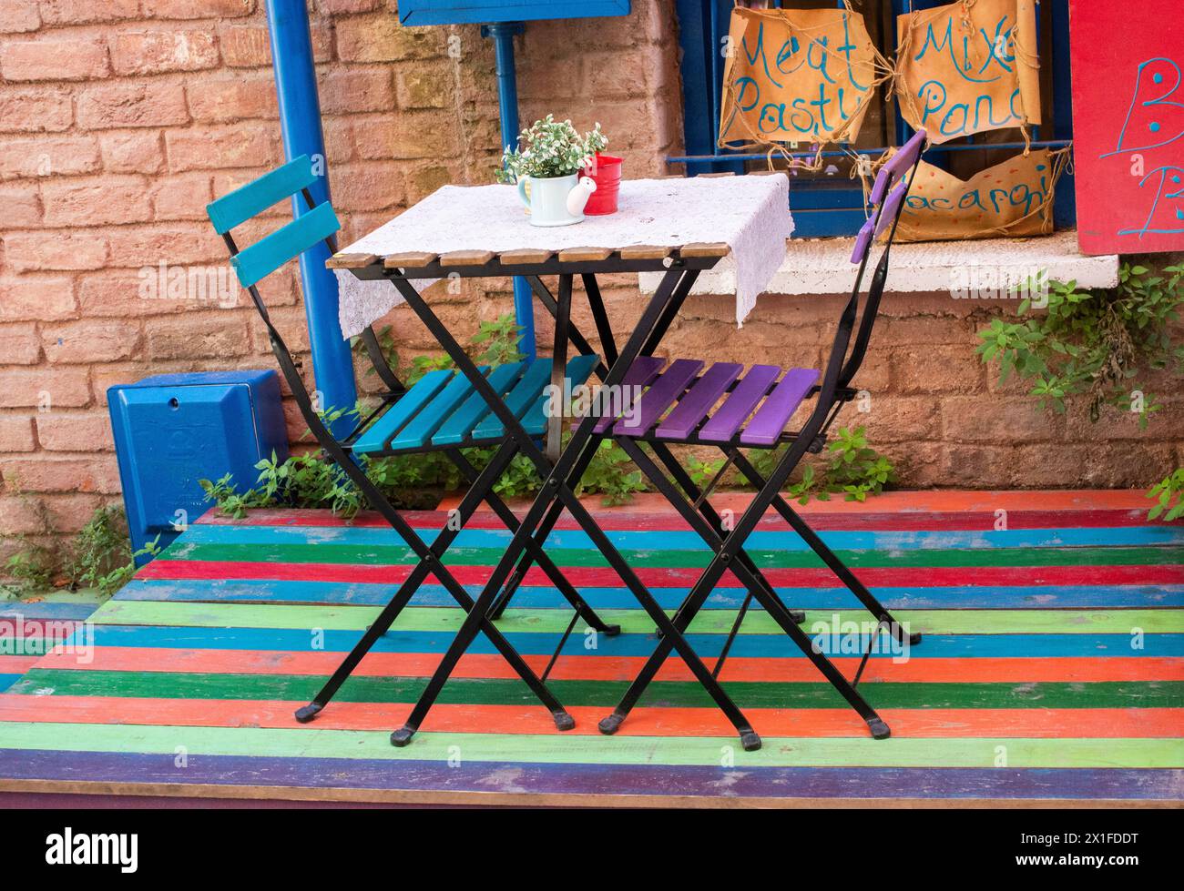 Empty beautiful tables and chairs at lockdown city street, coronavirus ...