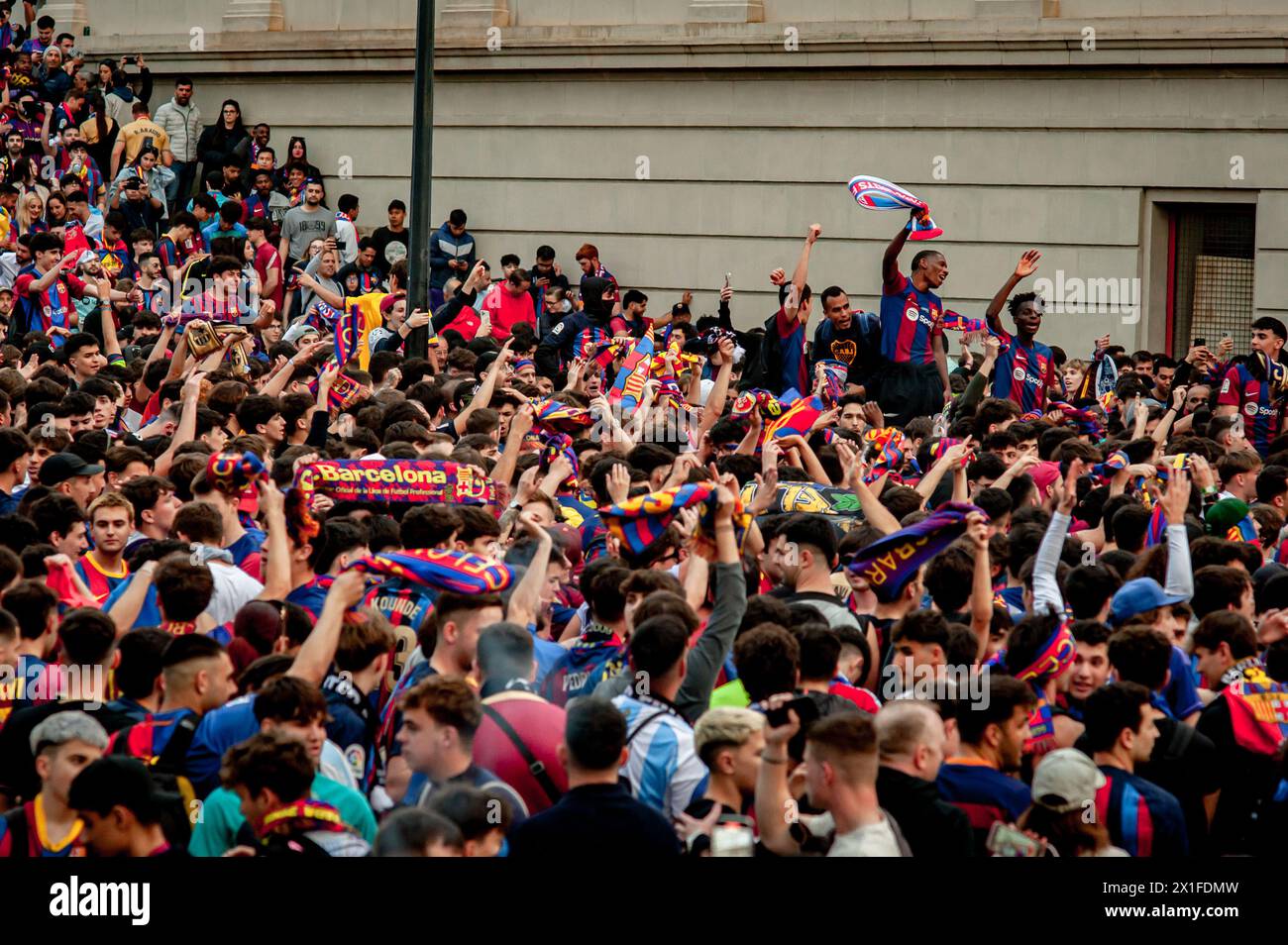 April 16, 2024, Barcelona, Spain: FC. Barcelona fans rally outside the ...