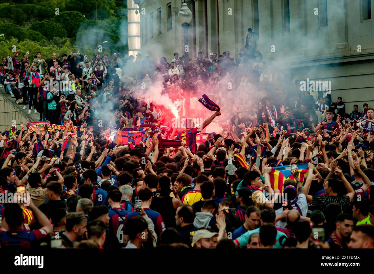 April 16, 2024, Barcelona, Spain: FC. Barcelona fans rally outside the ...
