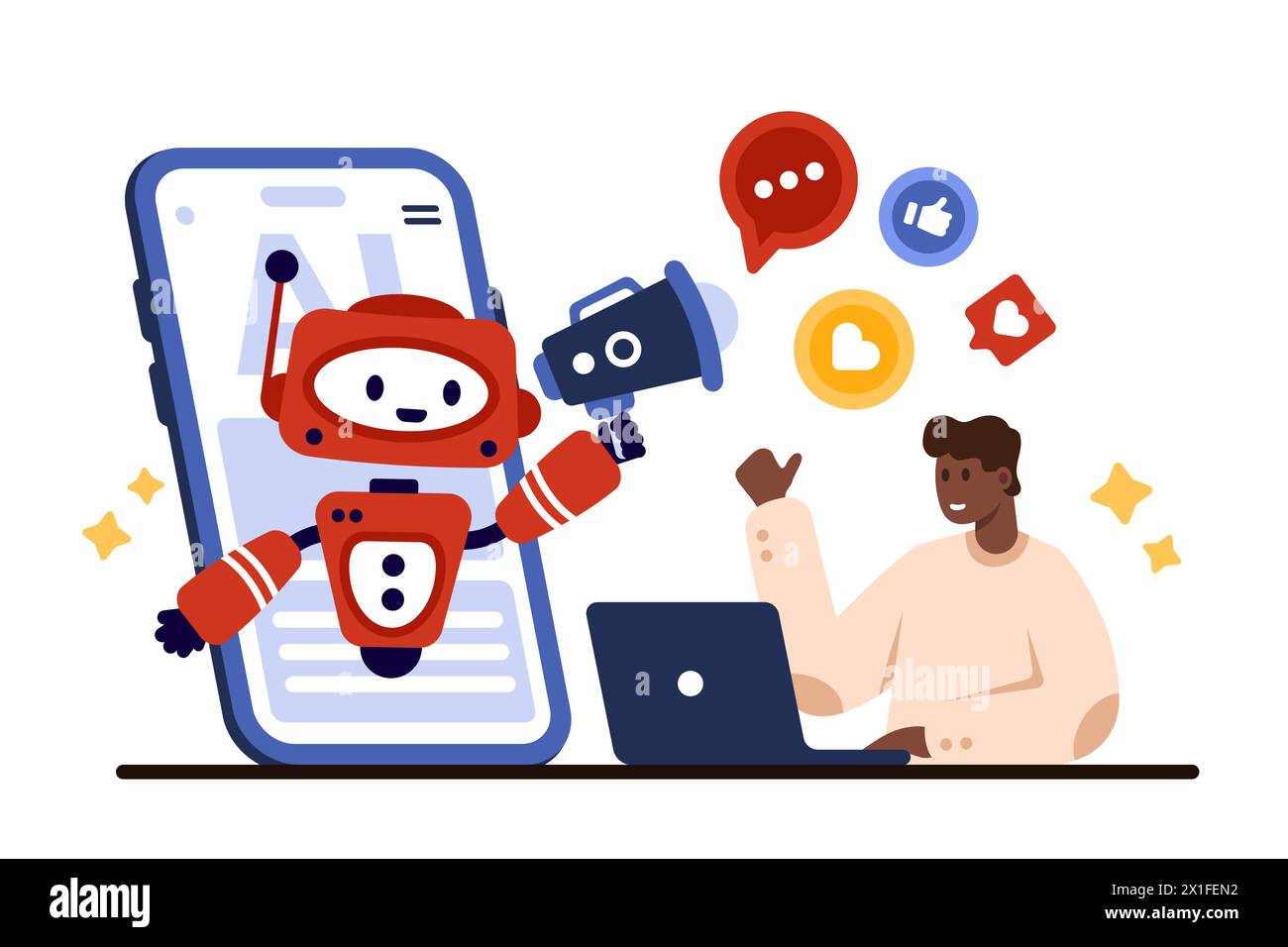Social media marketing automation, AI tools. Tiny man and robot with ...