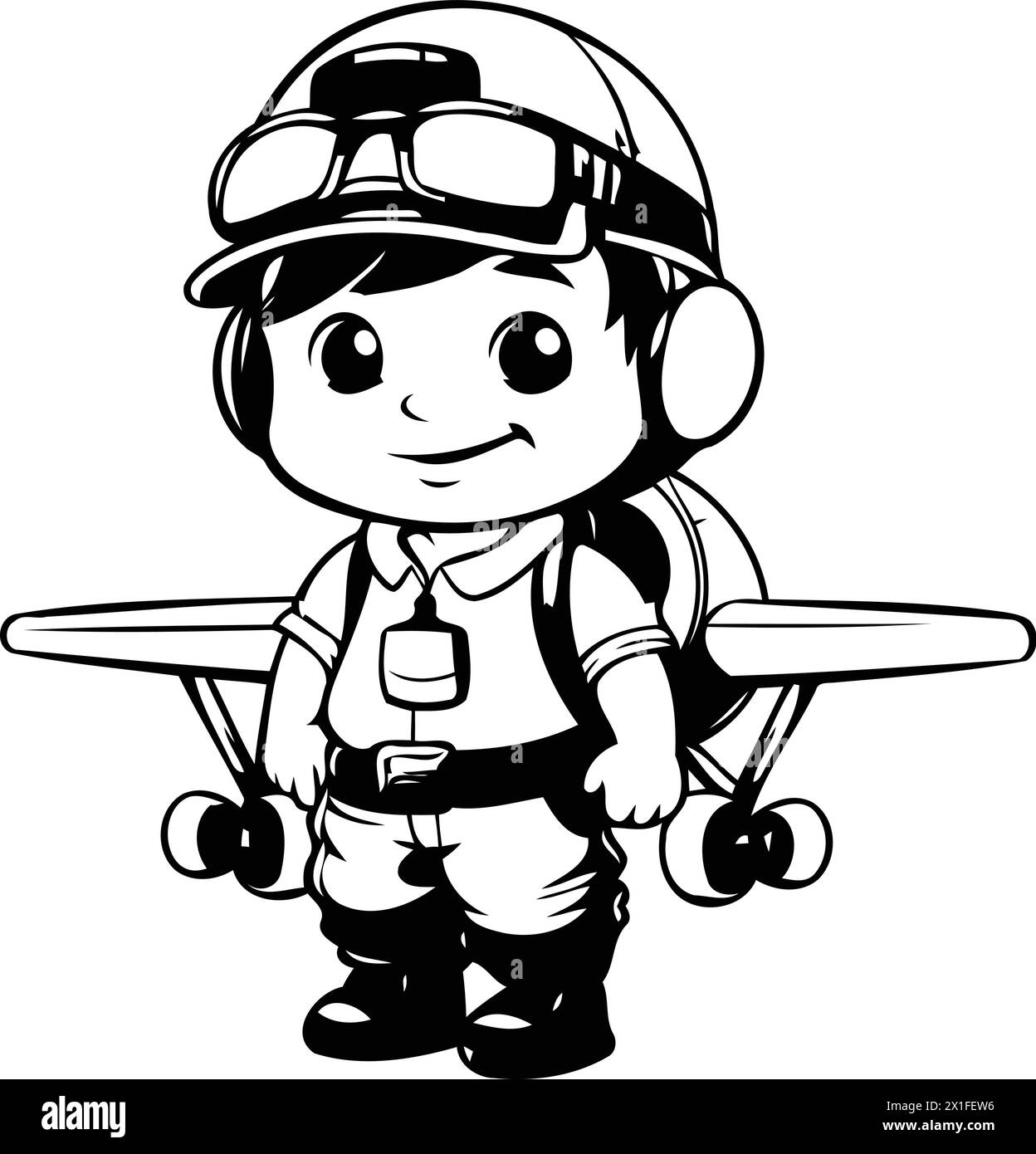 Cartoon boy pilot with airplane on sky background. Vector illustration ...