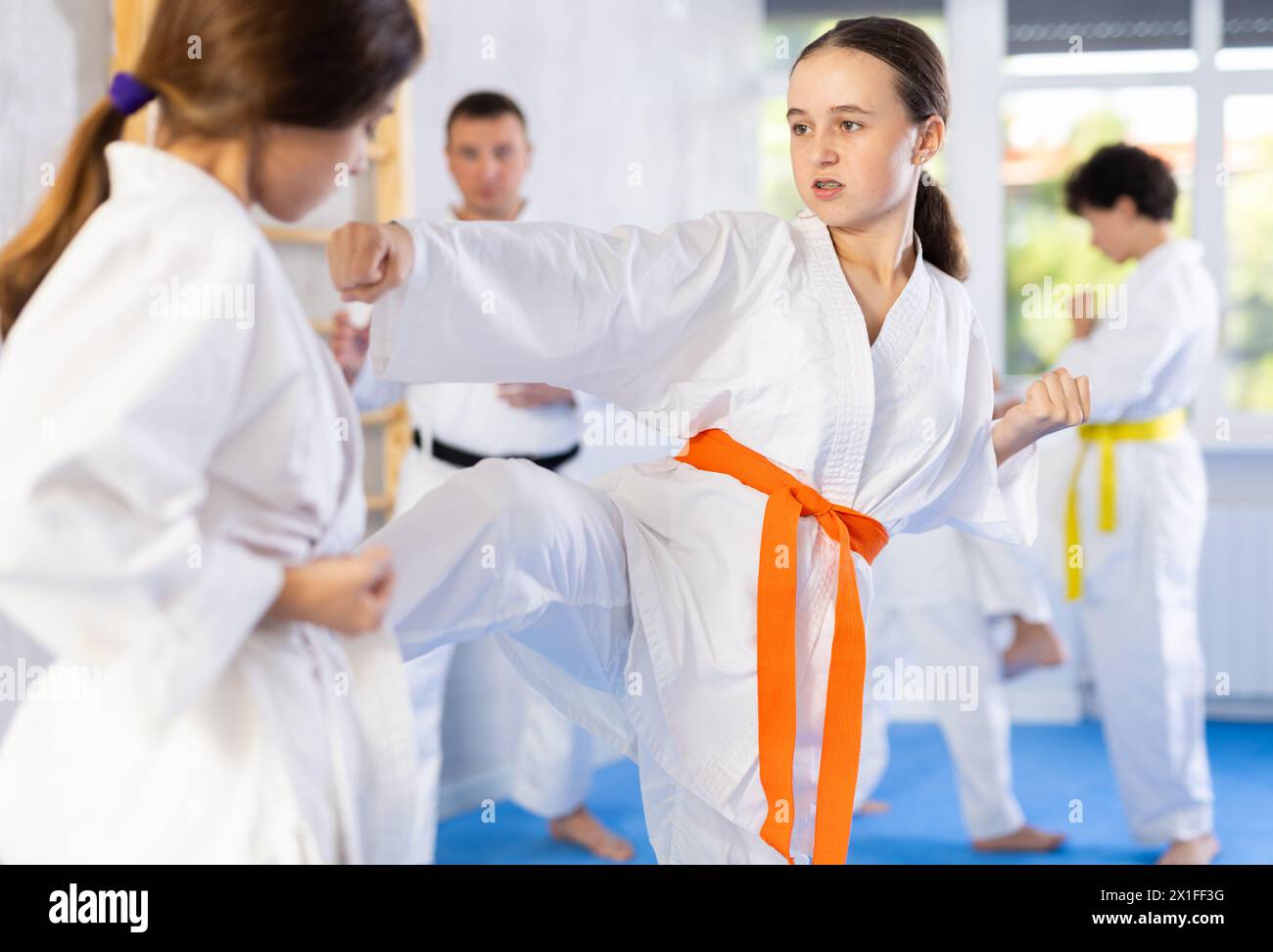 Two girls training karate techniques in studio Stock Photo - Alamy
