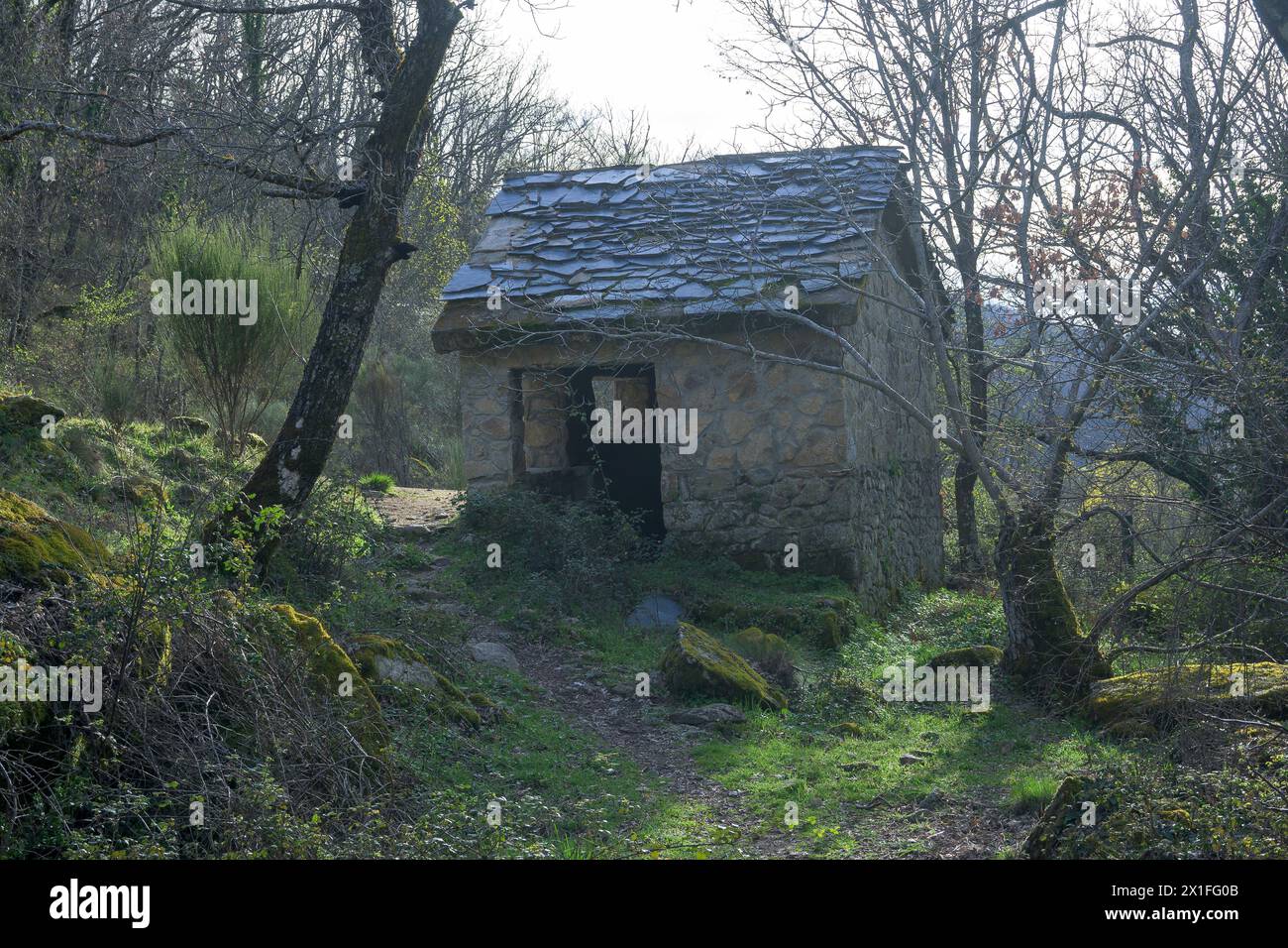 Mountain shelter in the forest built with stone and slate roof to sleep ...