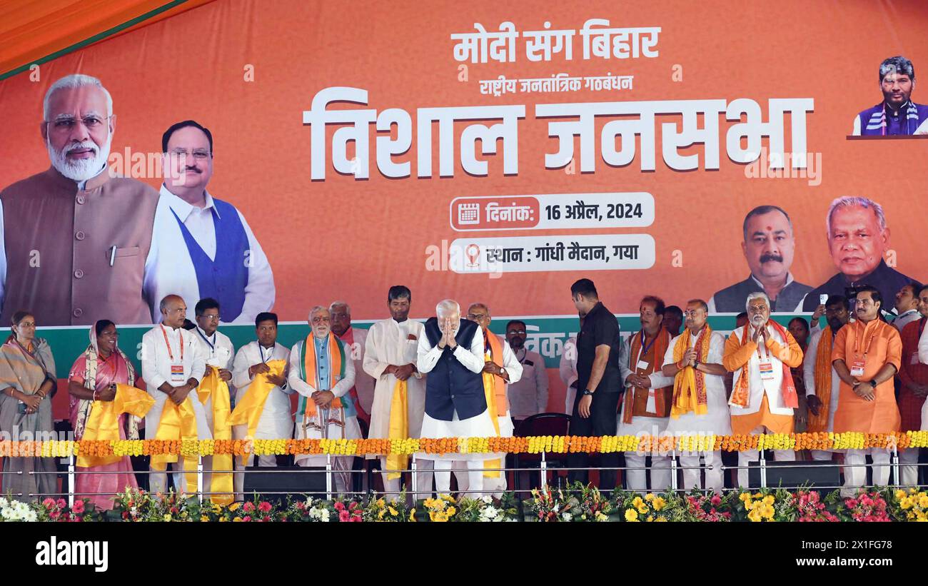 GAYA, INDIA - APRIL 16: Prime Minister Narendra Modi with NDA leaders ...