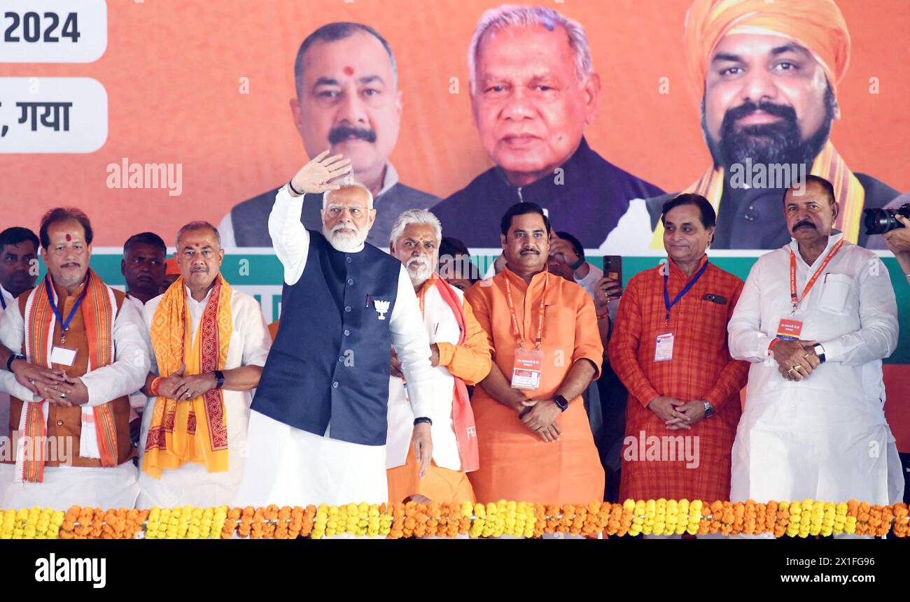 GAYA, INDIA - APRIL 16: Prime Minister Narendra Modi with NDA leaders during an election meeting ...