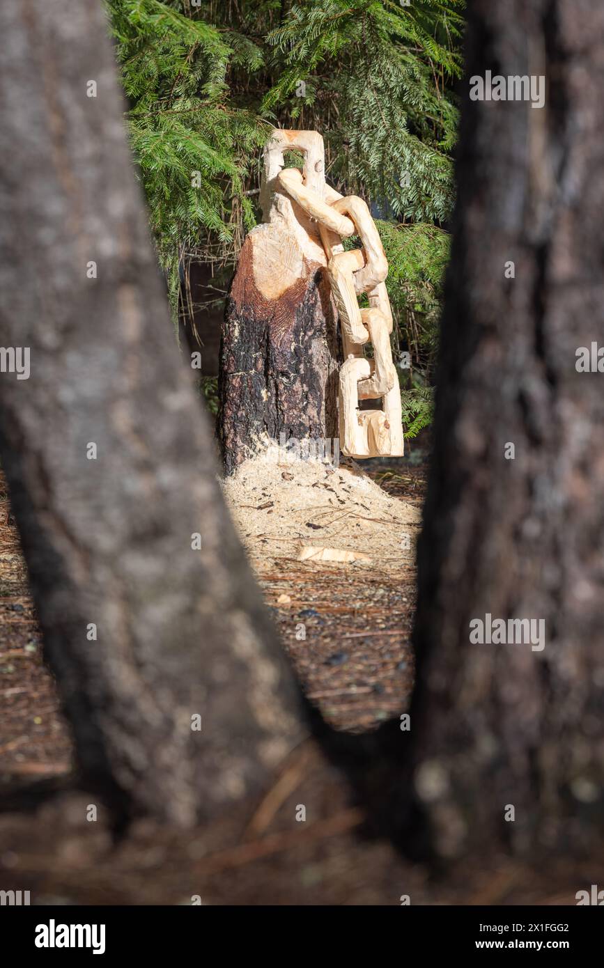A chain is carved from a tree stump with saw dust on the ground. The ...