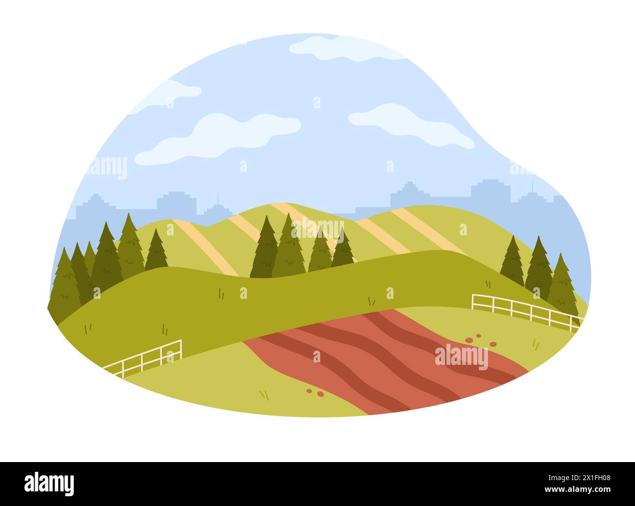Stylized rolling hills with patterned agricultural fields, a row of ...