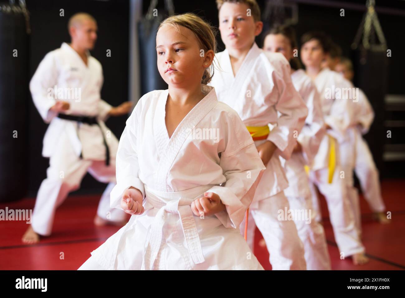 Children wearing karate uniform practicing new moves in group Stock ...