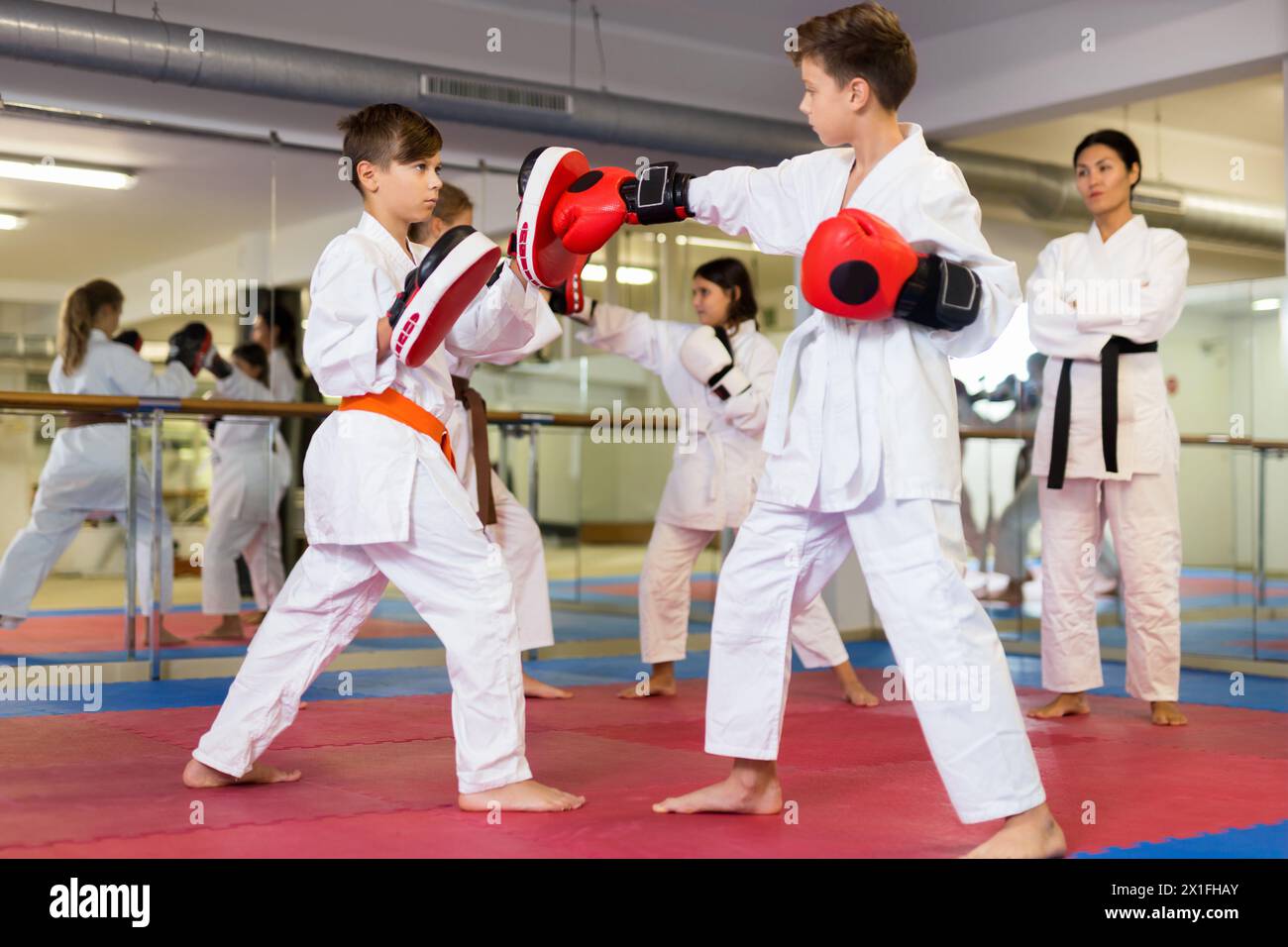 Kids boxing in gym, karate training Stock Photo - Alamy