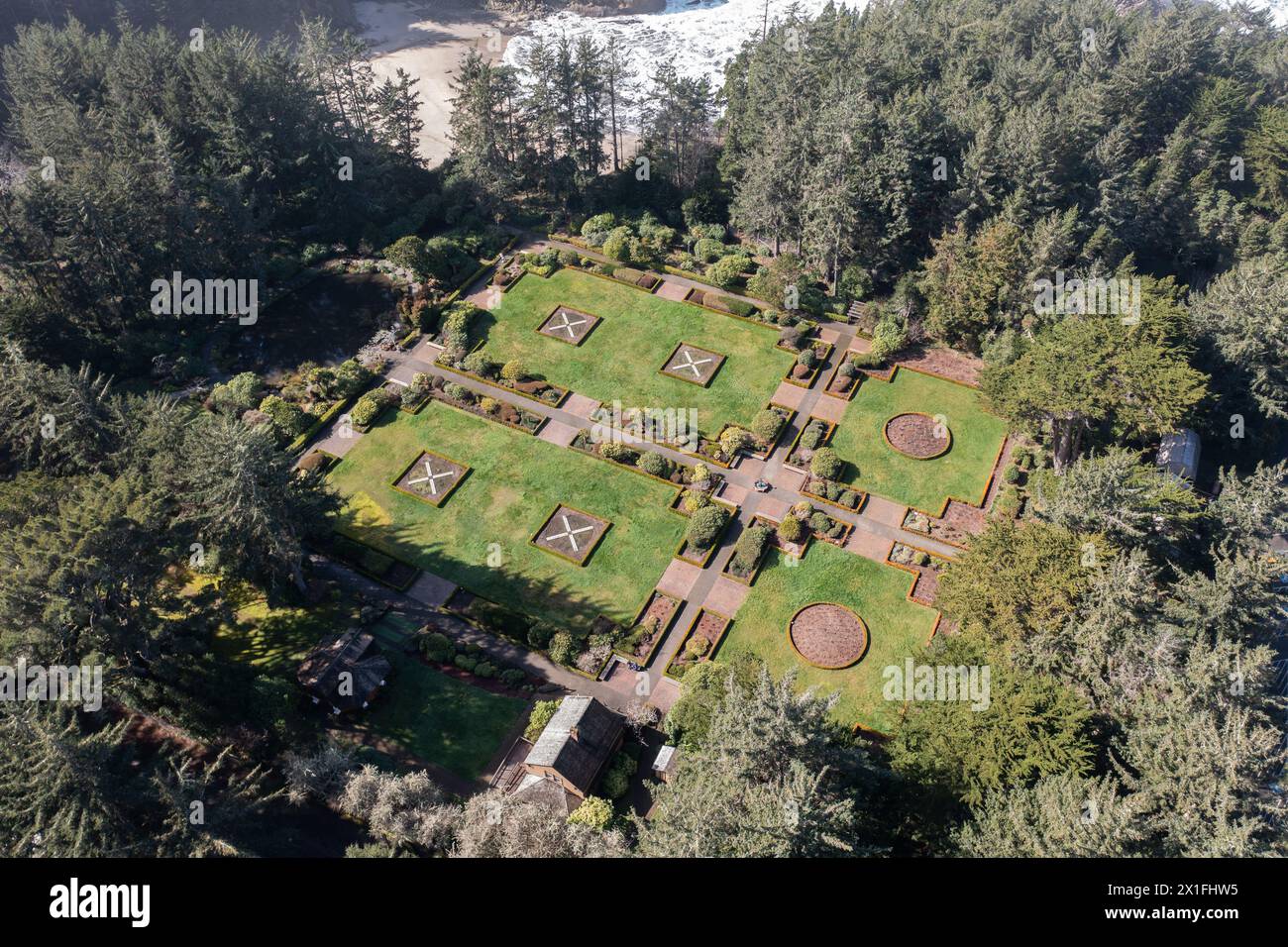 Beautiful english gardens in Shore Acres Oregon viewed from avobe Stock ...