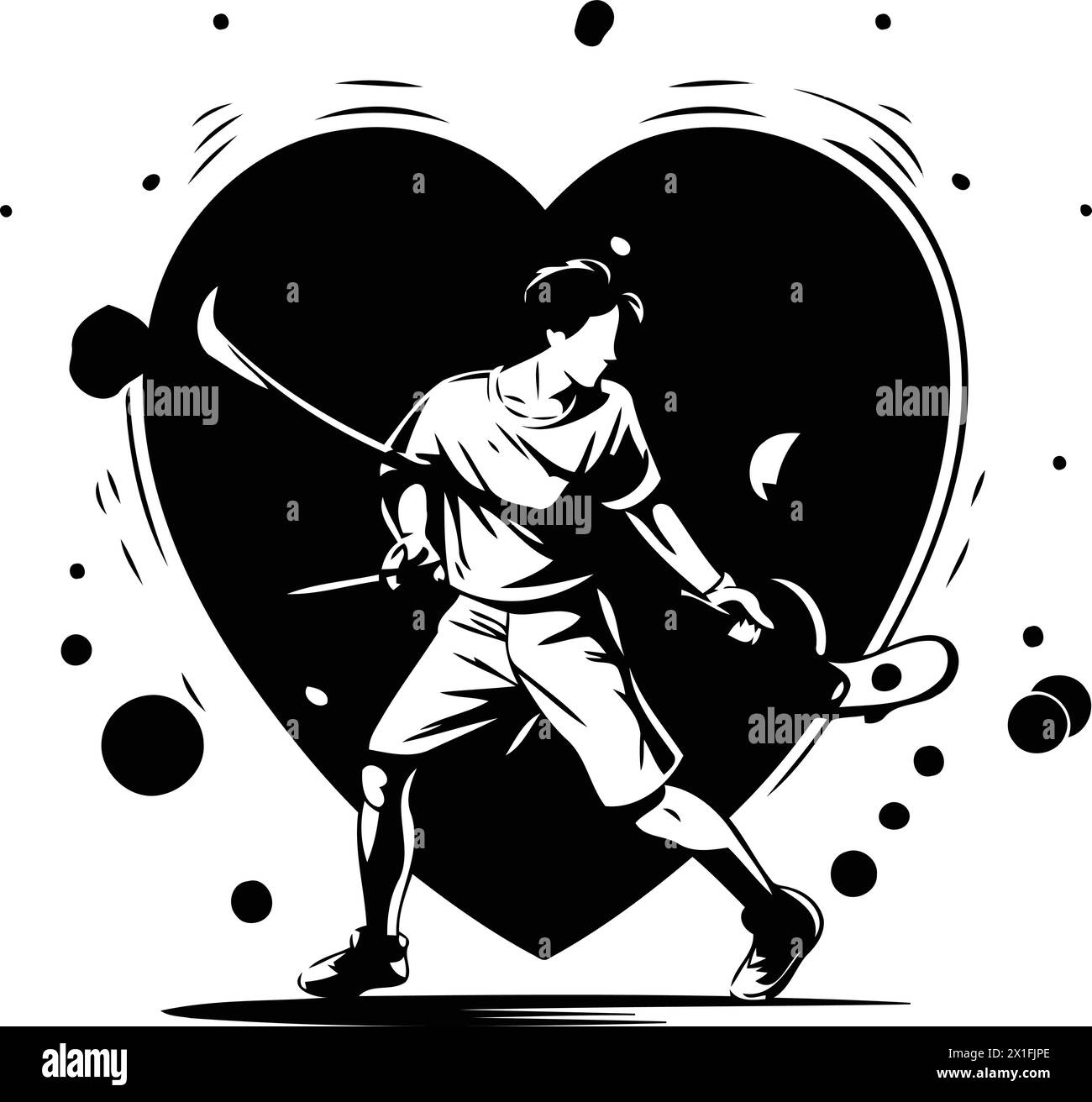 Tennis player with racket and ball on red heart background. vector ...