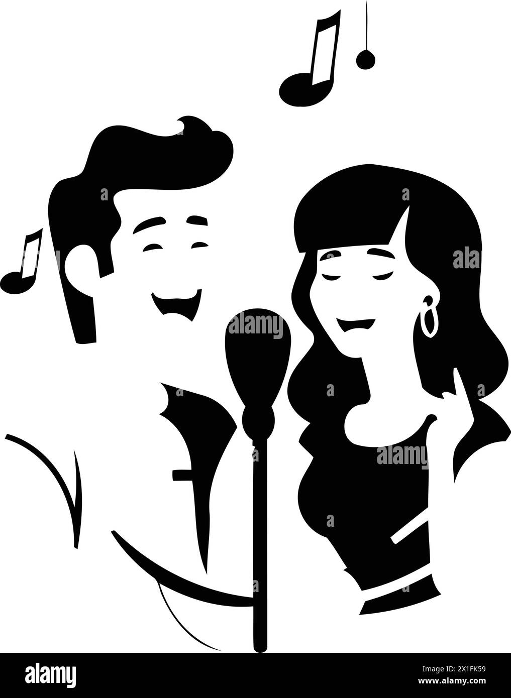 Couple Singing Together In Karaoke Cartoon Vector Illustration Stock