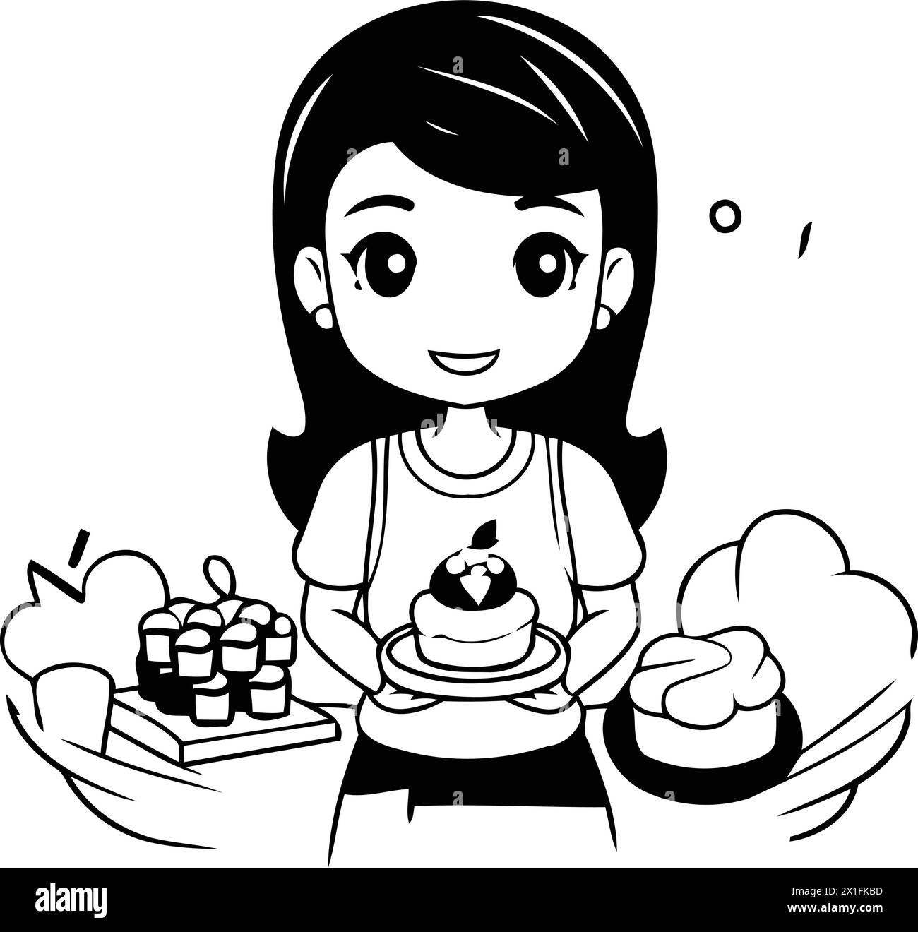 Cute Girl Eating Cake Vector Illustration In A Flat Style Stock Vector