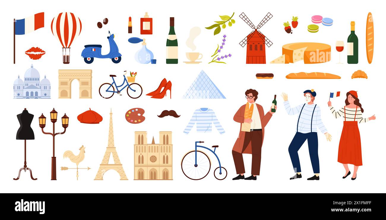 Travel to France, culture elements, food and French symbols set. Cute ...