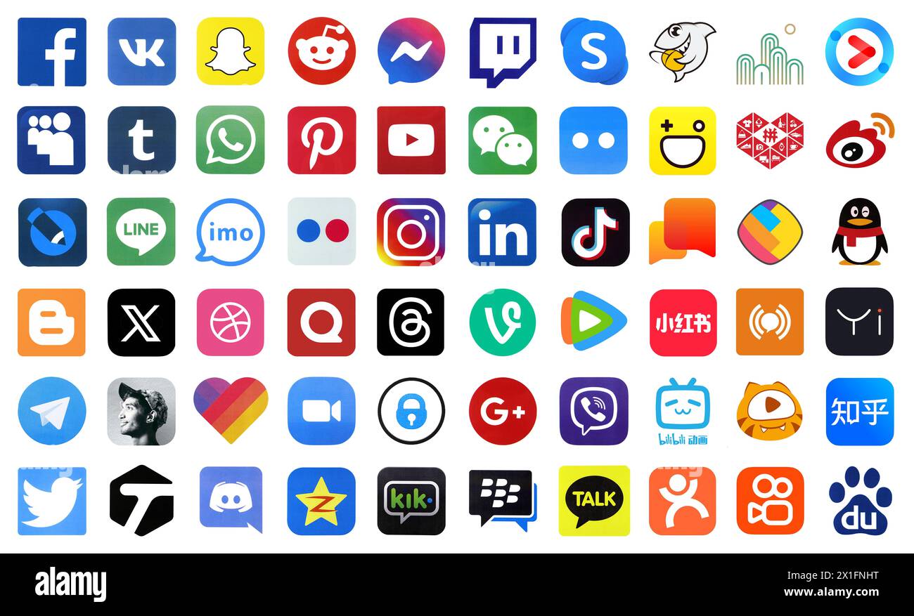 KYIV, UKRAINE - APRIL 1, 2024 Many icons of social media, messengers ...