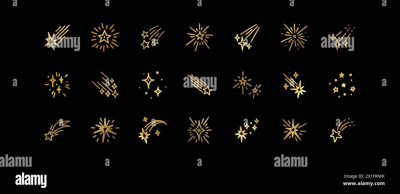 Gold stars, meteors, comets doodle set. Hand drawn night starry sky. Astrology, magic, celestial ...