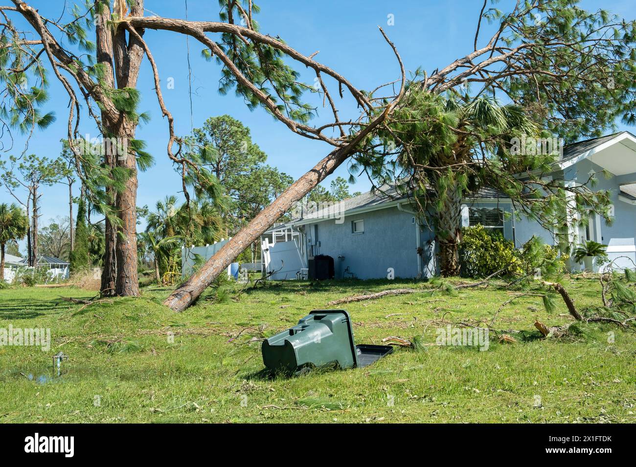 Damage to Florida house roof from uprooted tree after hurricane ...