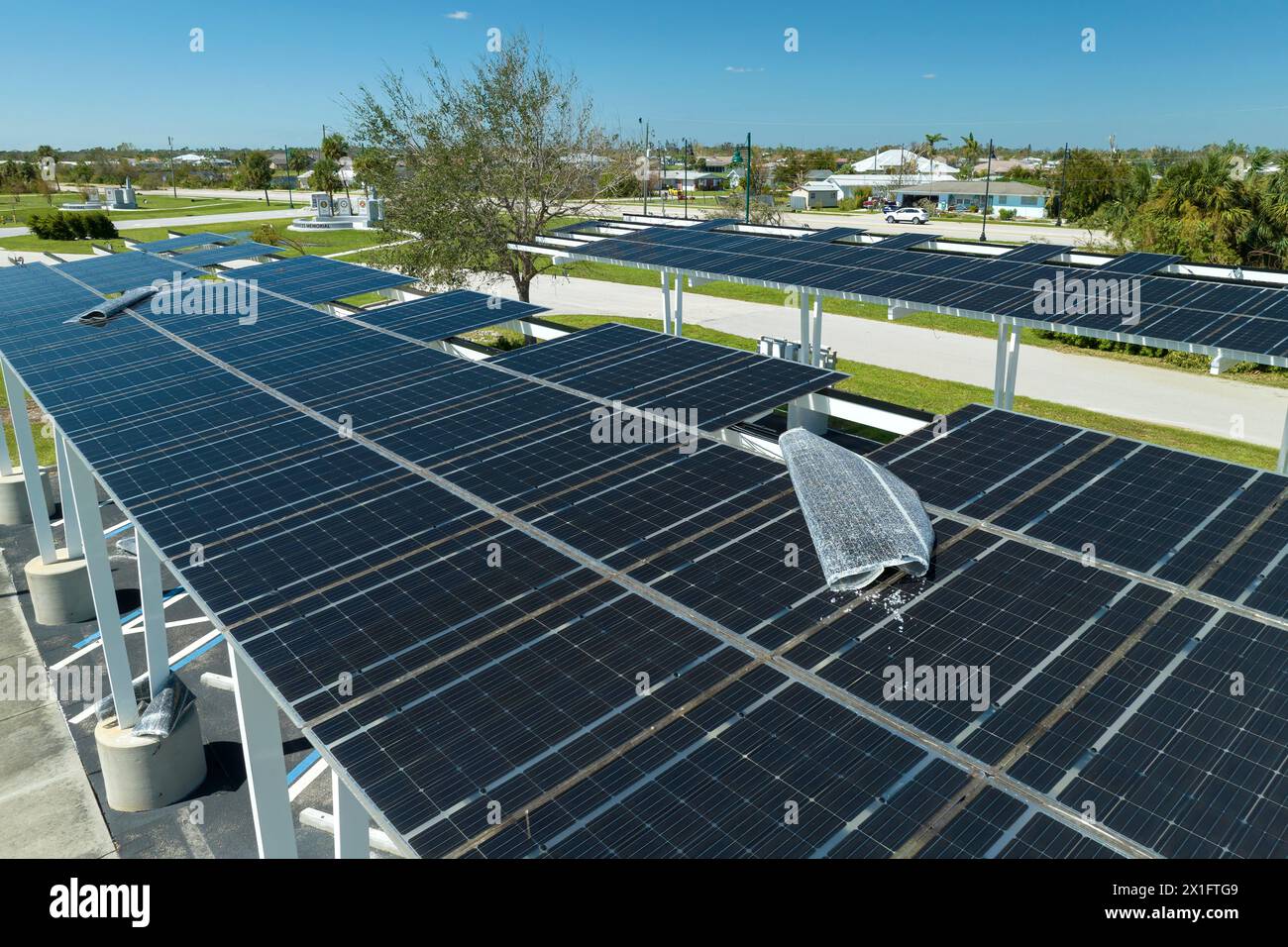 Destroyed by hurricane wind photovoltaic solar panels mounted on ...