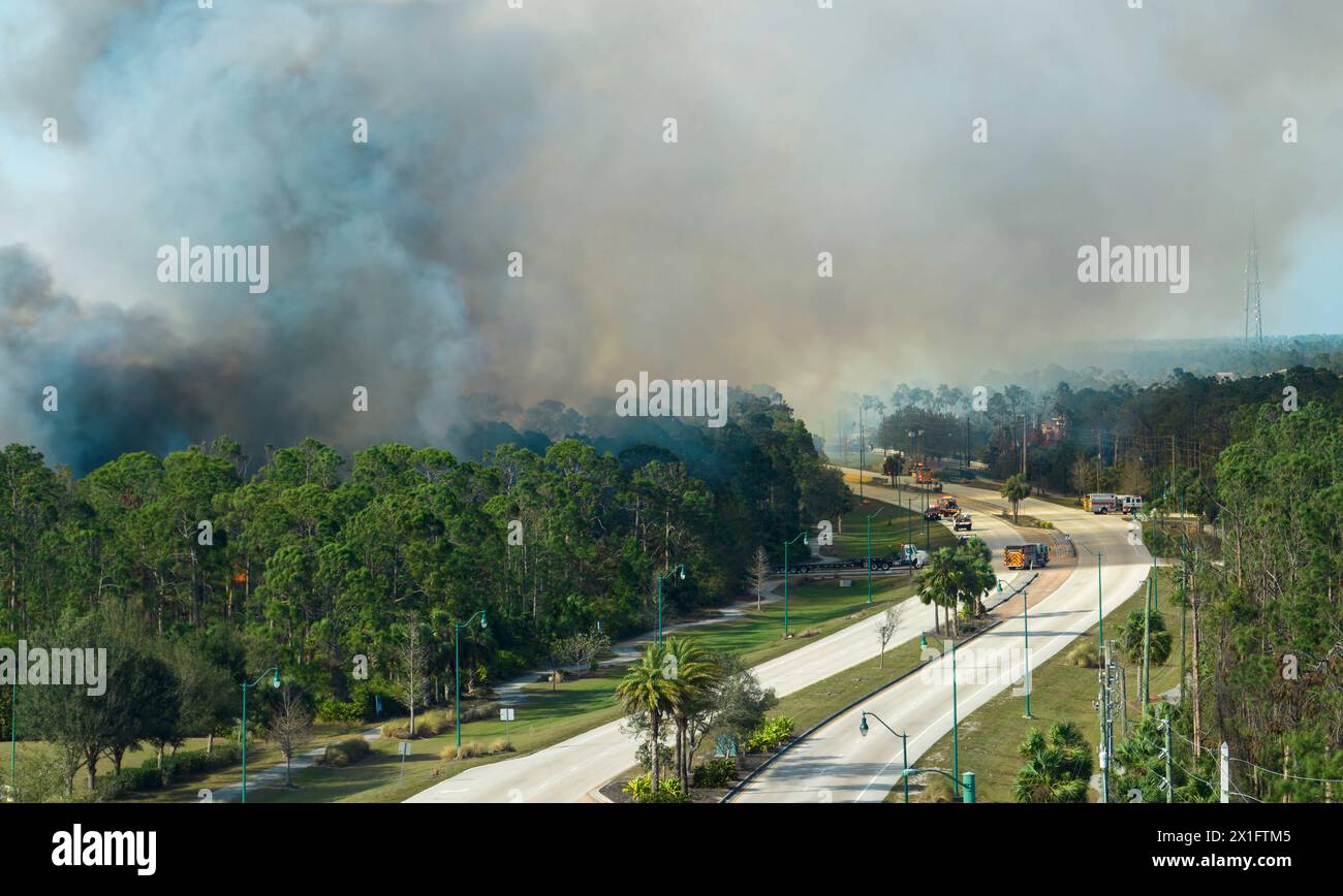 Fire department firetrucks extinguishing wildfire burning severely in ...