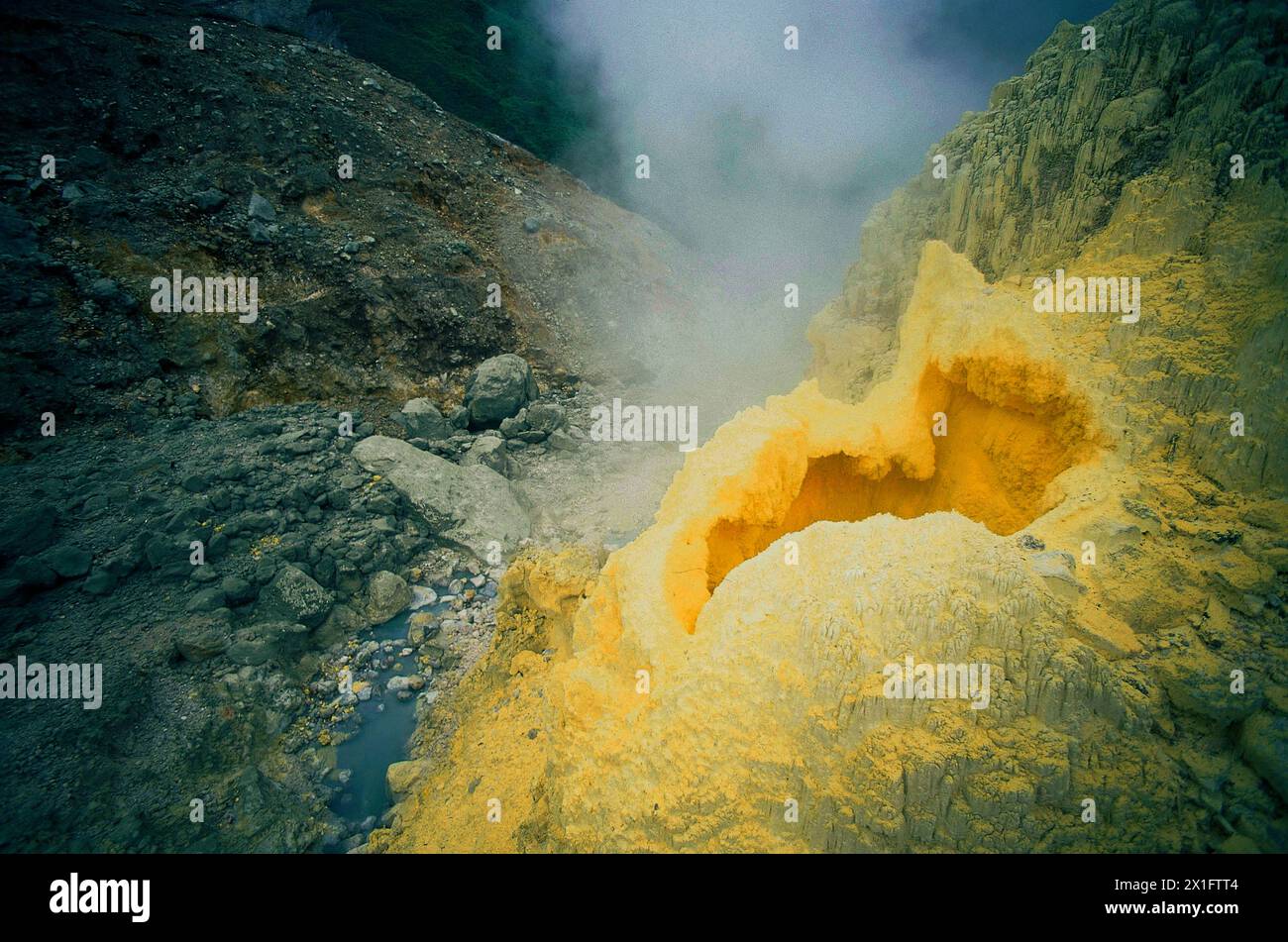 Steam spewing from sulphur vent, taken in 1995, Mooat Lake, Modoinding ...