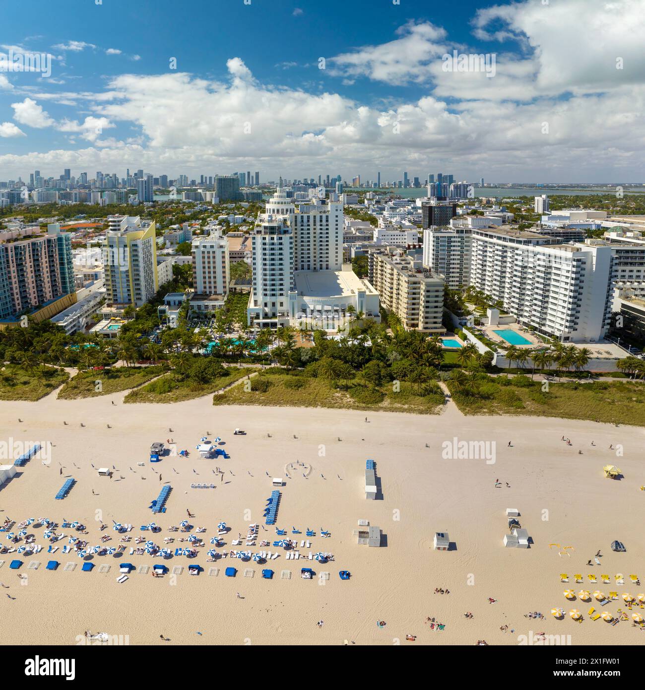 Miami Beach is popular vacation spot in southern Florida. Sandy beach ...