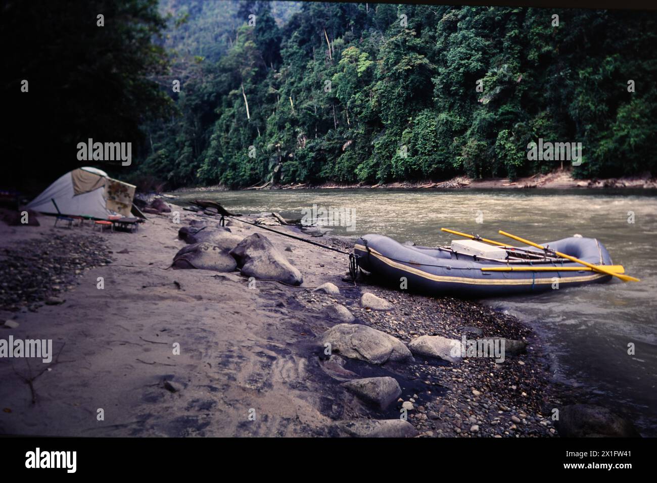 Camping by riverbank, Alas River, Mount Leuser National Park, Sumatra ...