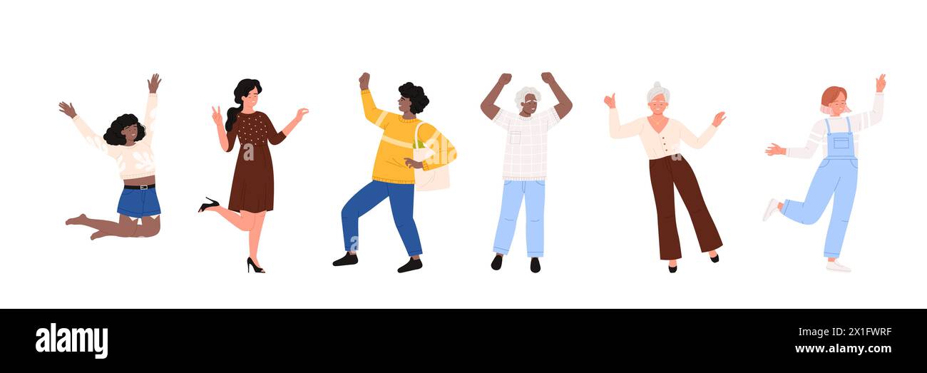 Happy people jump and dance set. Young and old dancers, cheerful male ...