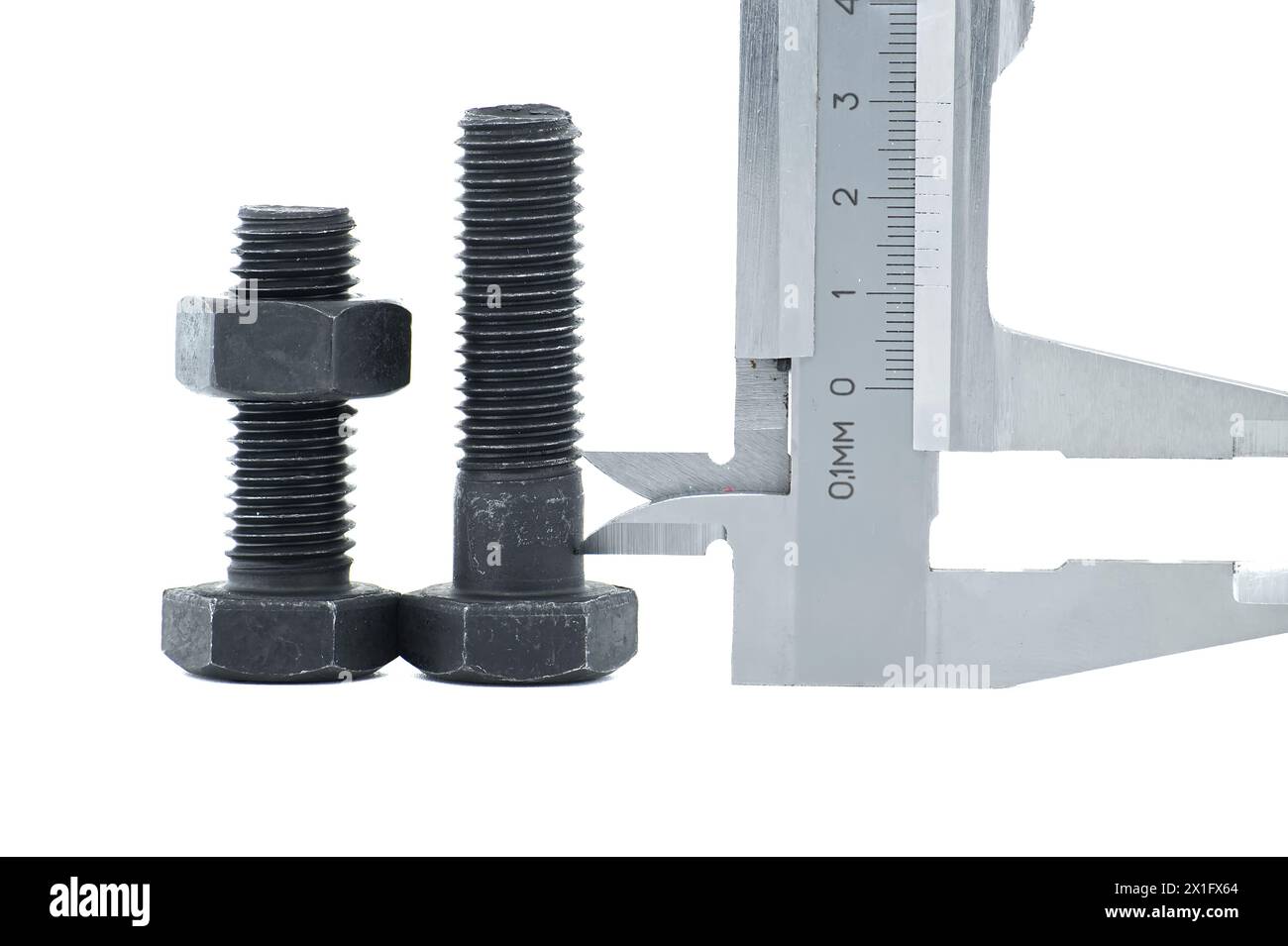 Hex head bolt and nut measured by a Vernier caliper isolated on white ...