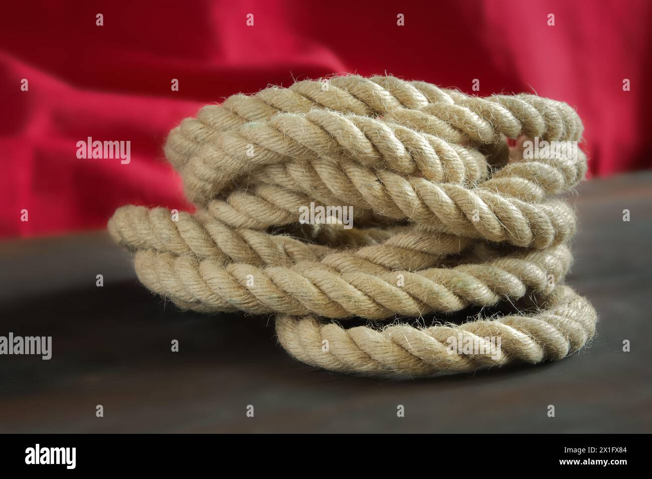 Coil of rope made of hemp or jute, braided texture and consistent ...