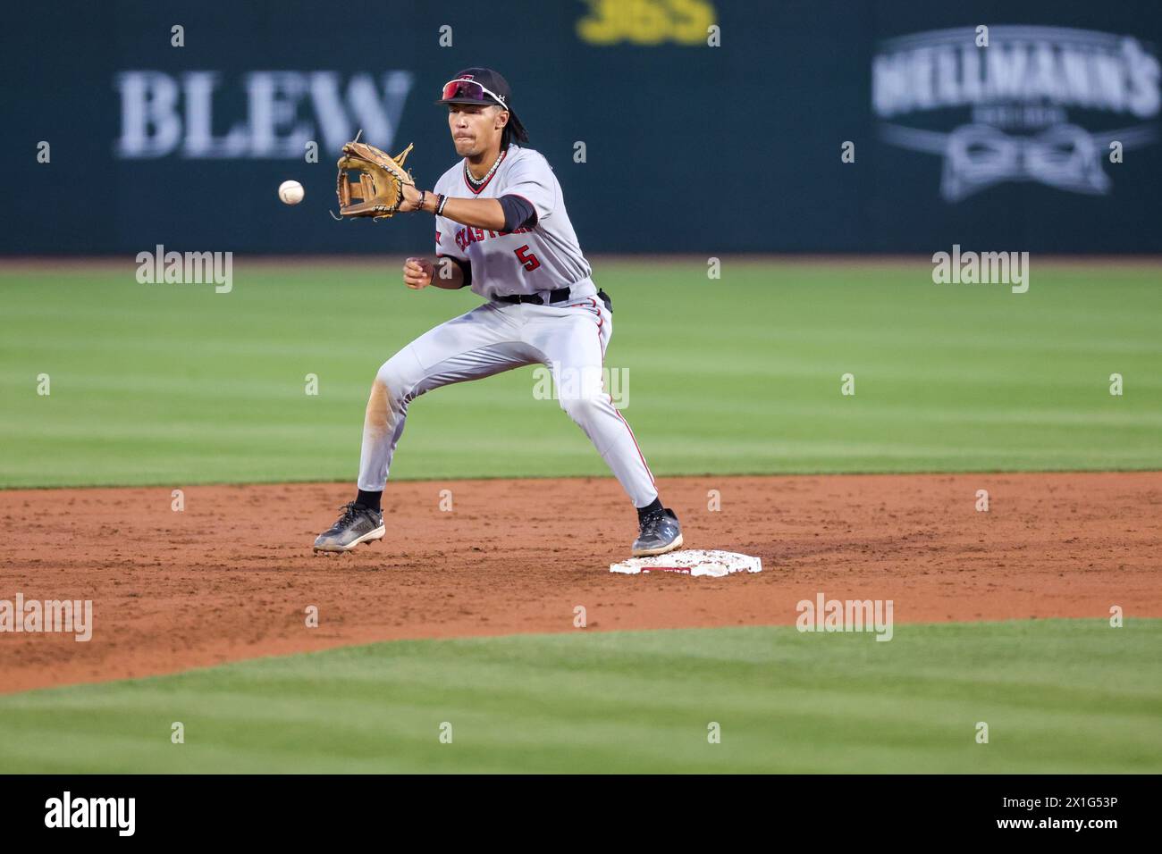 April 16, 2024: TJ Pompey #5 Texas Tech infielder looks in a ball to ...