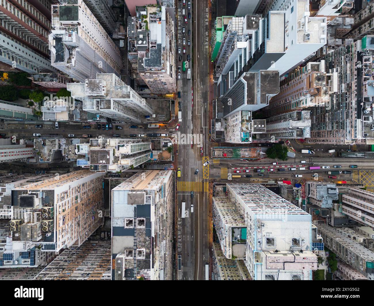 North Point, Hong Kong: Overhead aerial view of a road intersection in ...