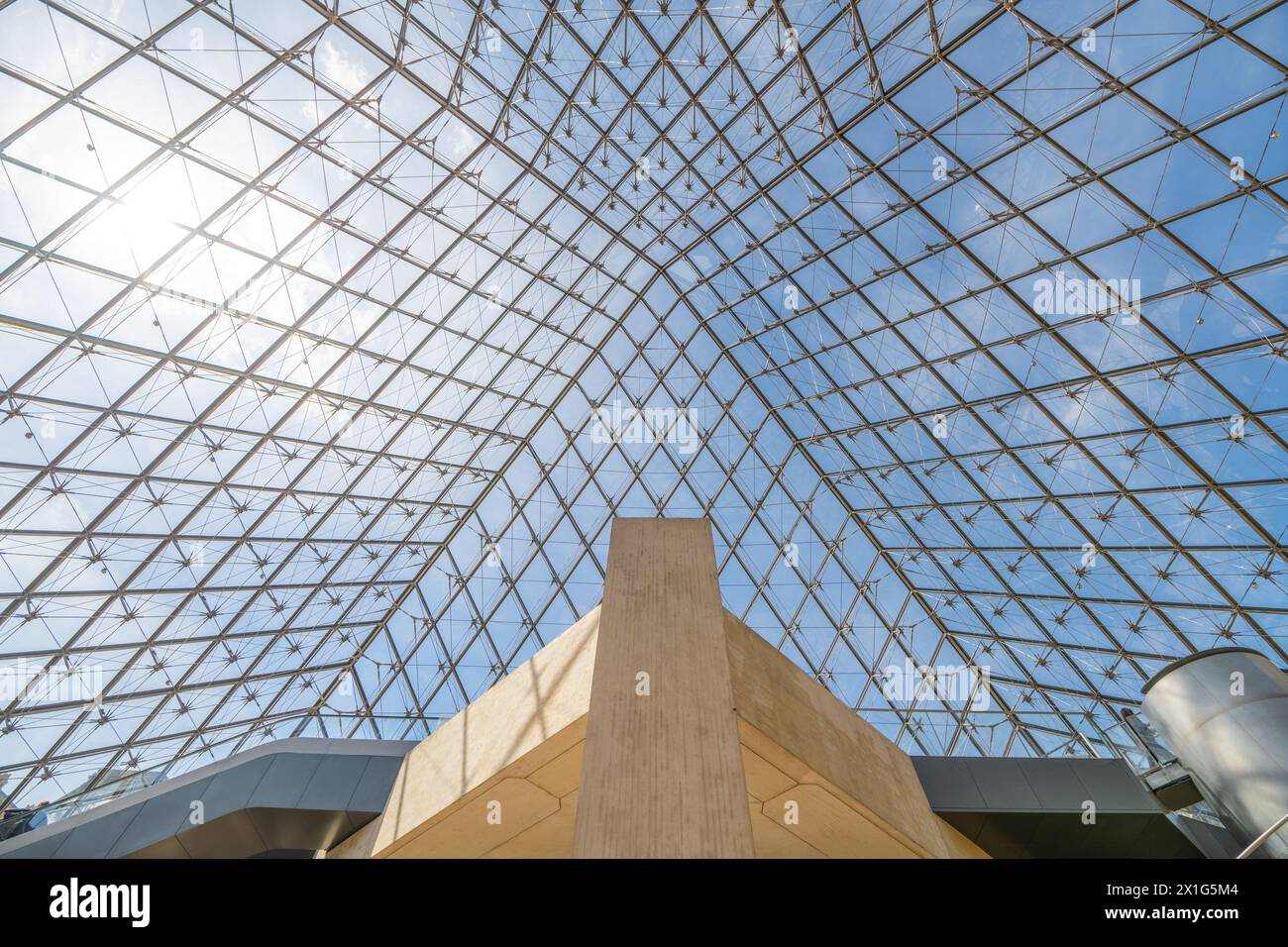 The geometric glass panels of the Louvre Pyramid, viewed from beneath ...
