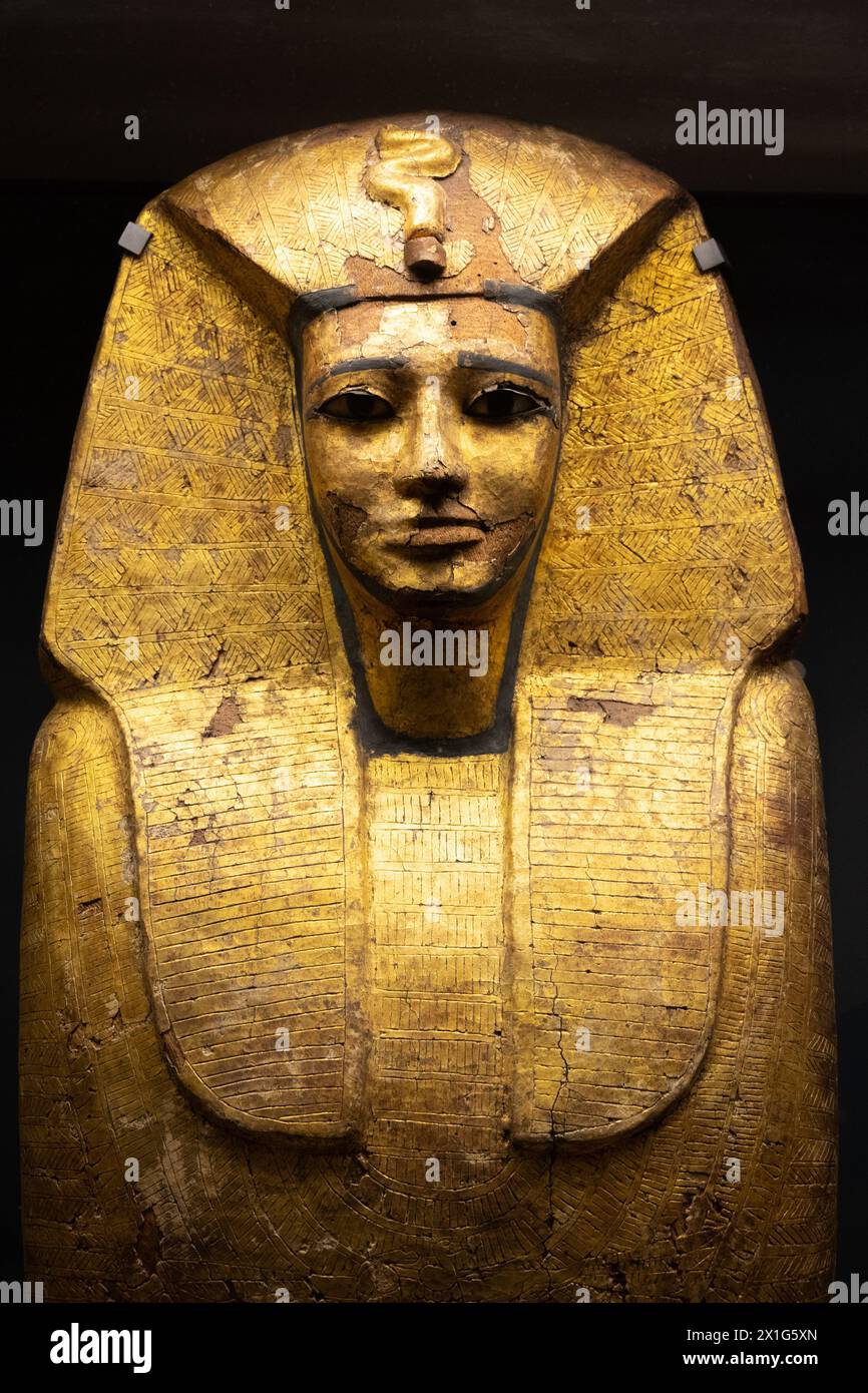 An ancient Egyptian sarcophagus on display, showcasing intricate golden ...