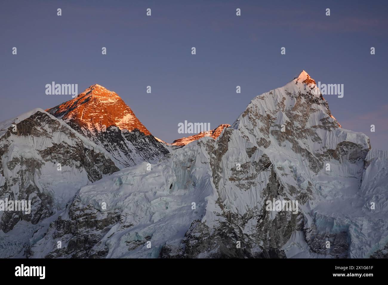 Last light over Mt Everest and the Nuptse peaks view from the Kala ...