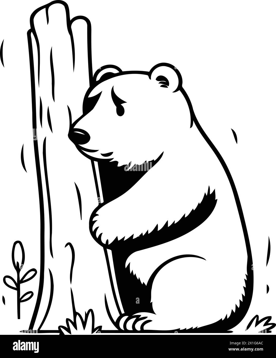 Cute Brown Bear Sitting On A Tree Trunk Vector Illustration Stock