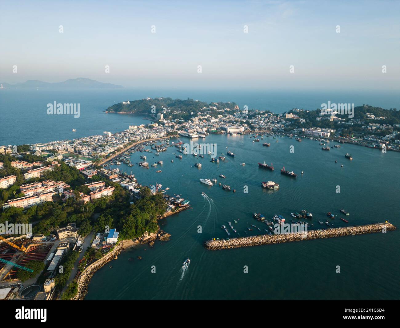 Cheung Chau, Hong Kong: Aerial view of ta boat sailing toward the ...