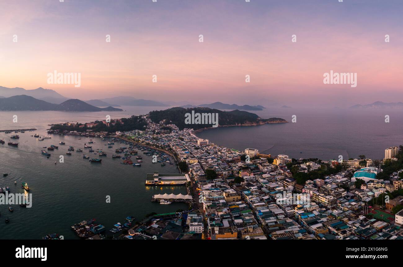 Cheung Chau, Hong Kong: Aerial panorama of sunset over the Cheung Chau ...