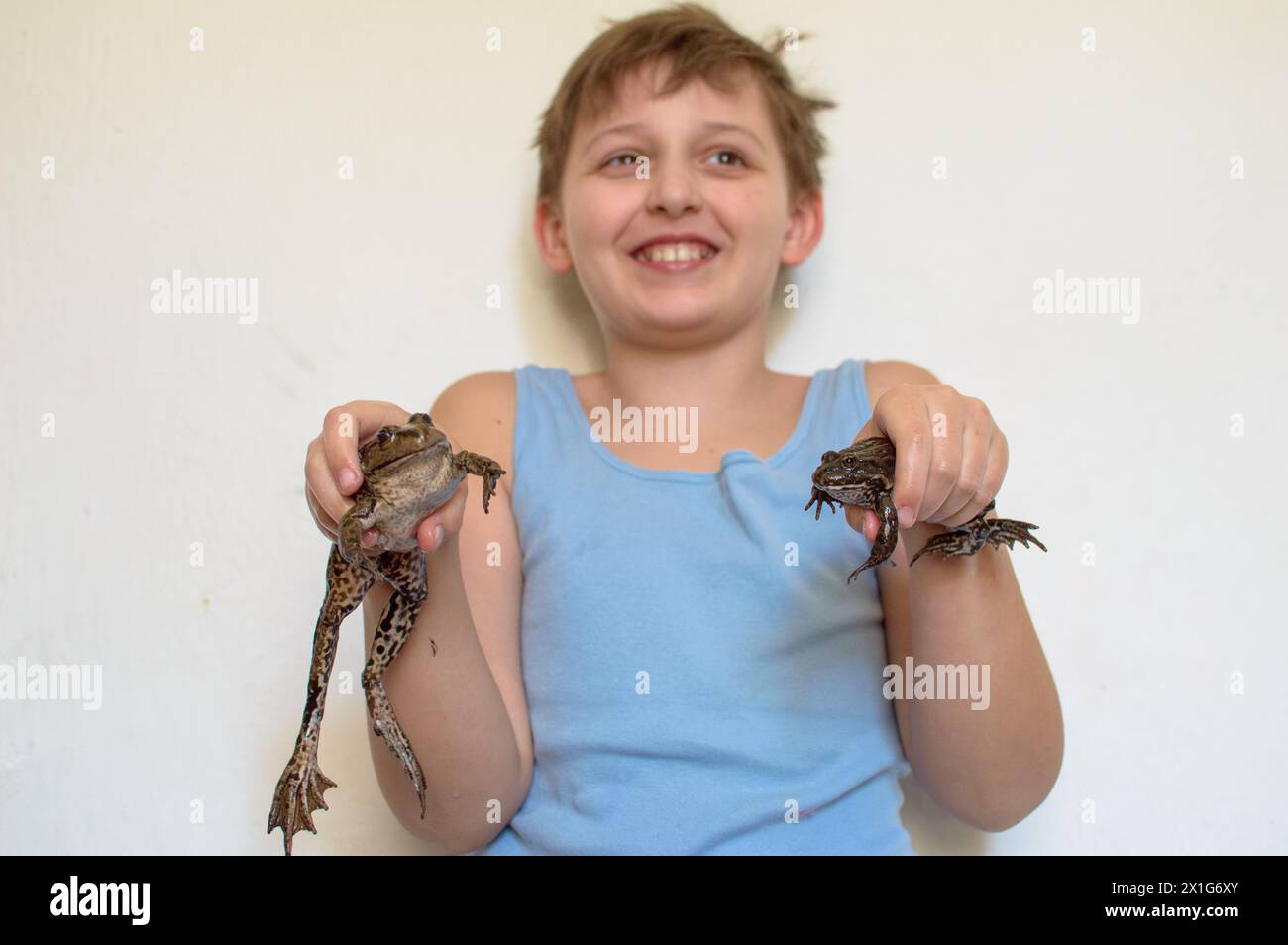 Boy holding a big toad in his hands. two frogs Stock Photo - Alamy
